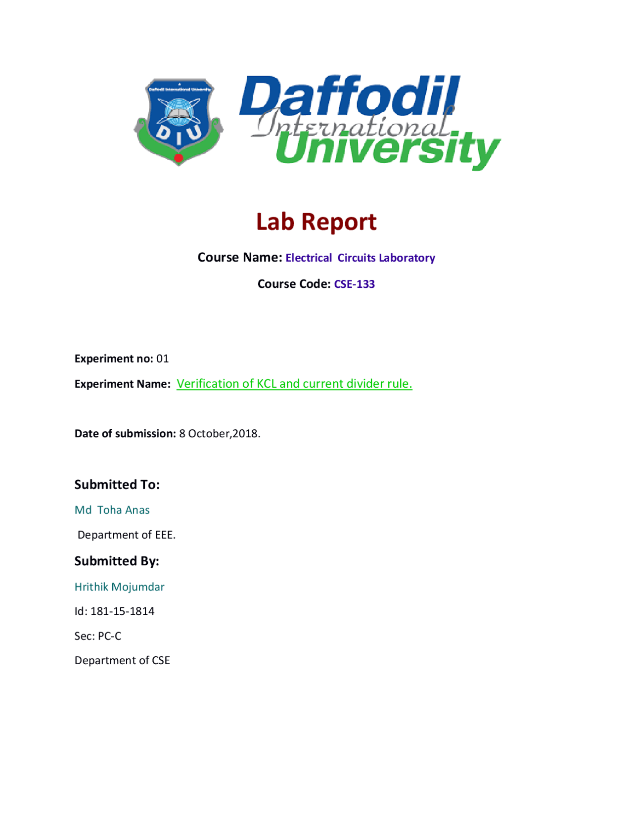 Verification Of Kcl And Current Divider Rule Docsity