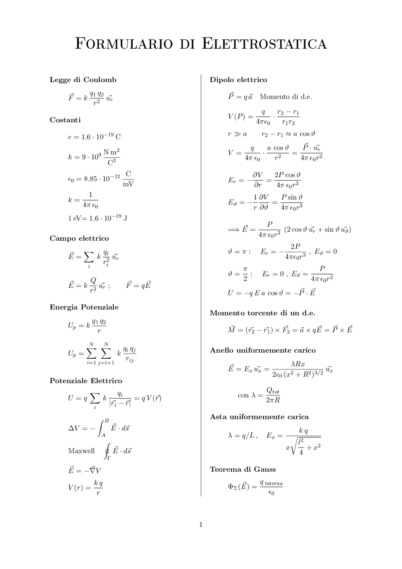 Formulario Per Esame Di Elettrostatica Formulari Di Fisica Docsity