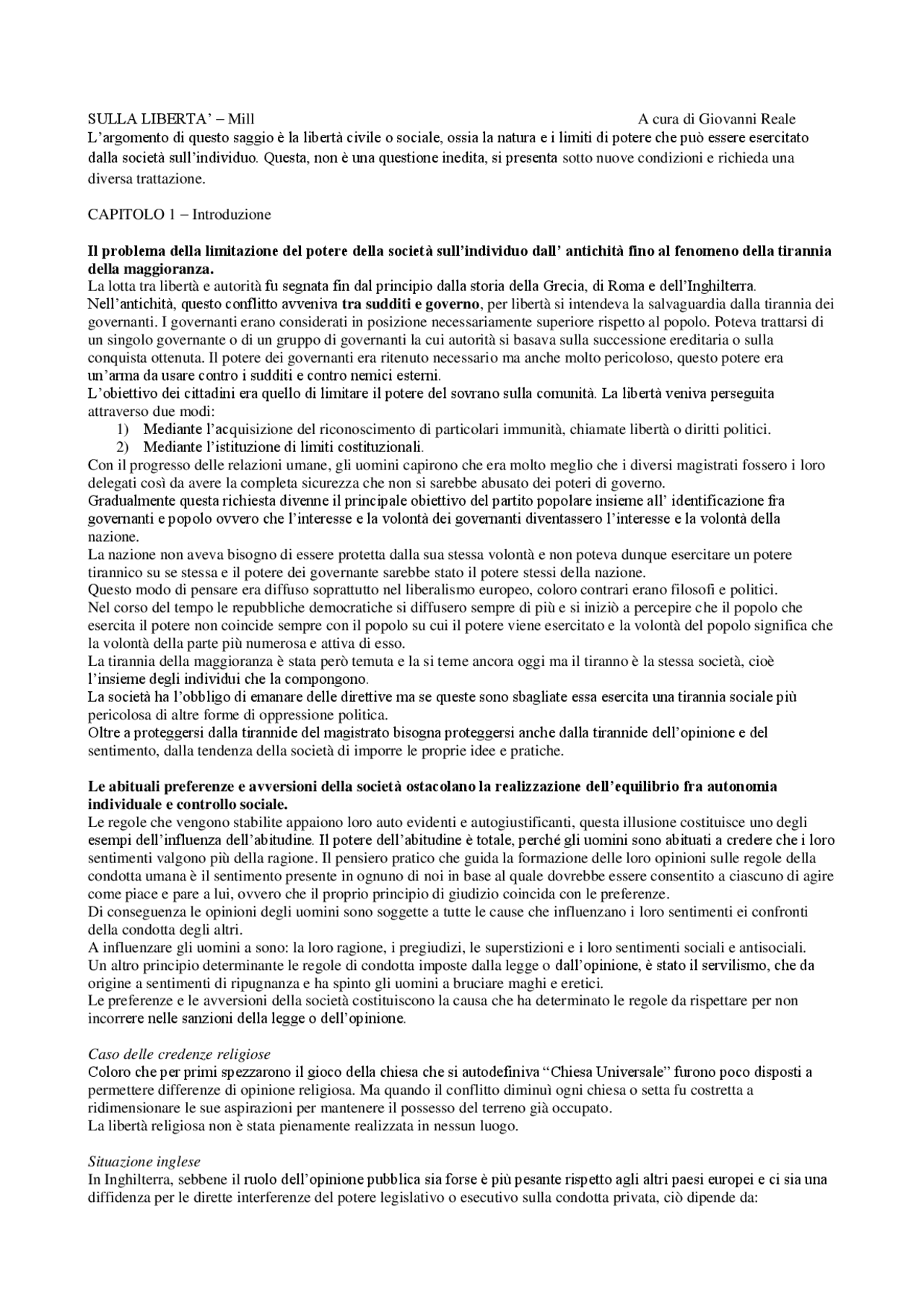 Sulla Libertà Di John Stuart Mill Docsity
