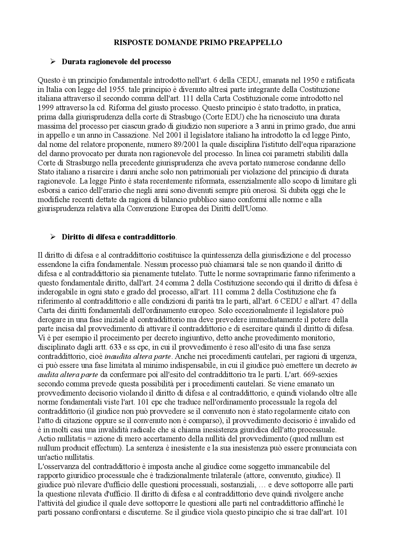 Primo Preappello Diritto Processuale Civile Risposte Docsity