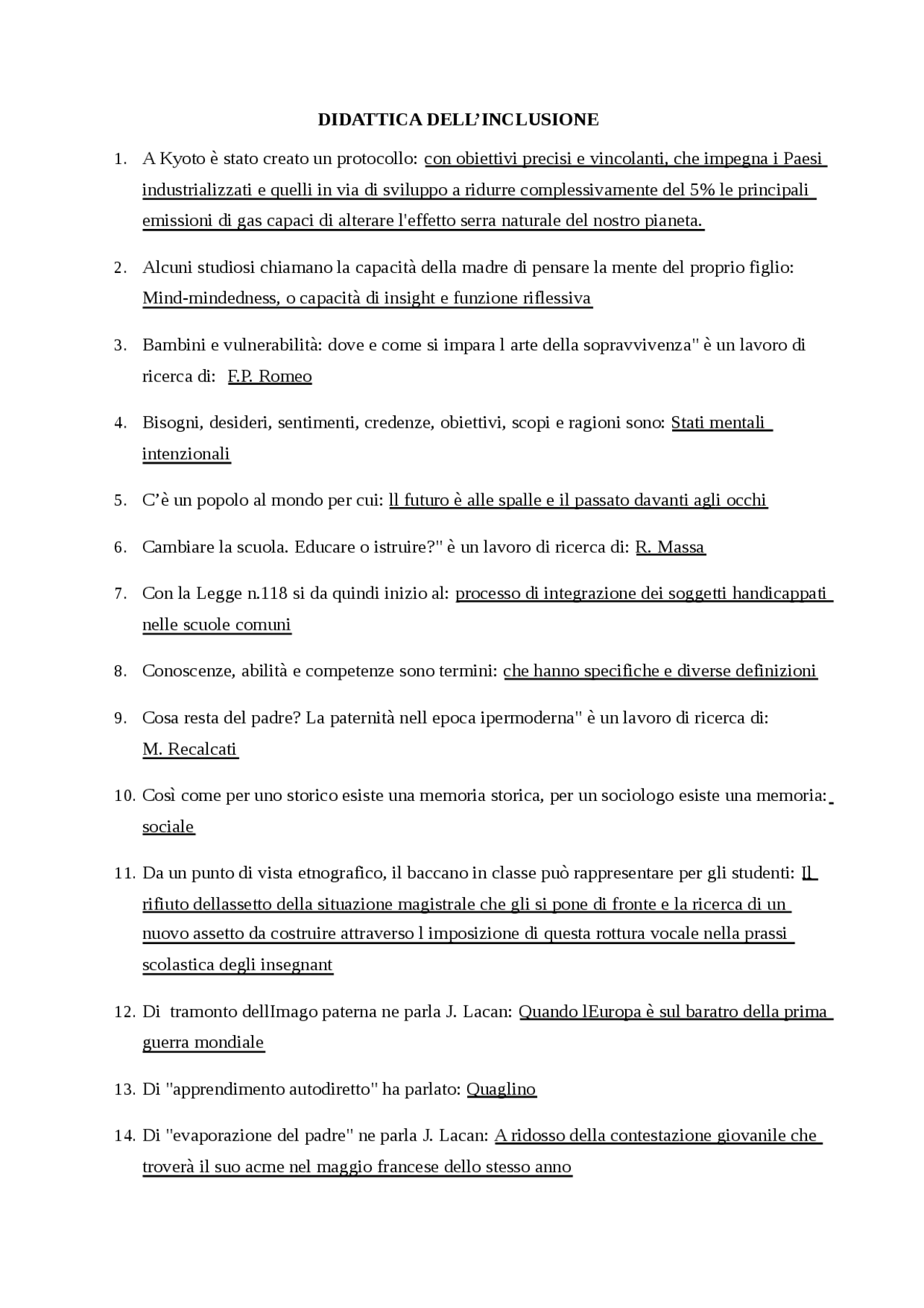 Risposte Didattica Dellinclusione Corso 24 Cfu Unipegaso Docsity