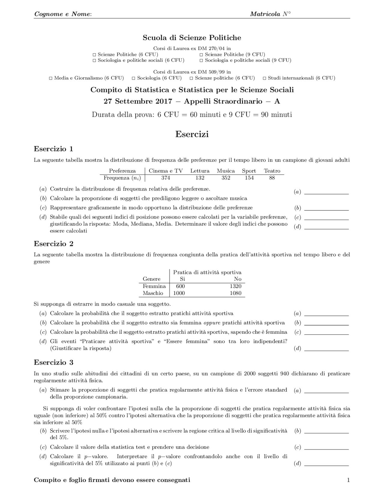 Esercizi Di Statistica Docsity