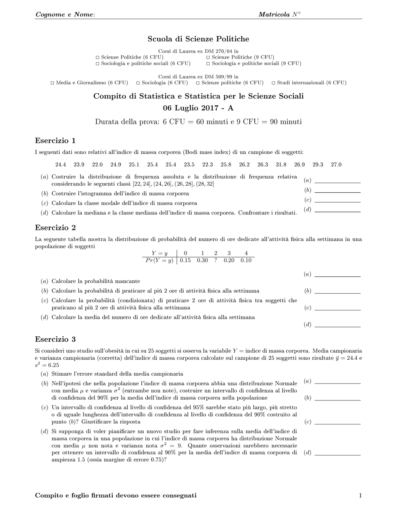 Esercizi Di Statistica Docsity