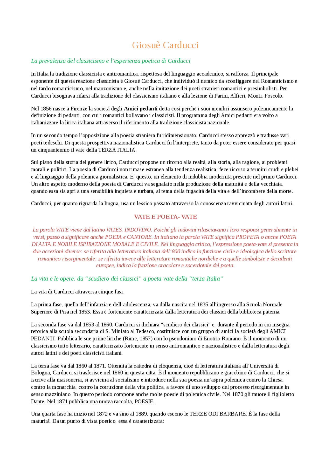 Riassunto Giosuè Carducci Docsity