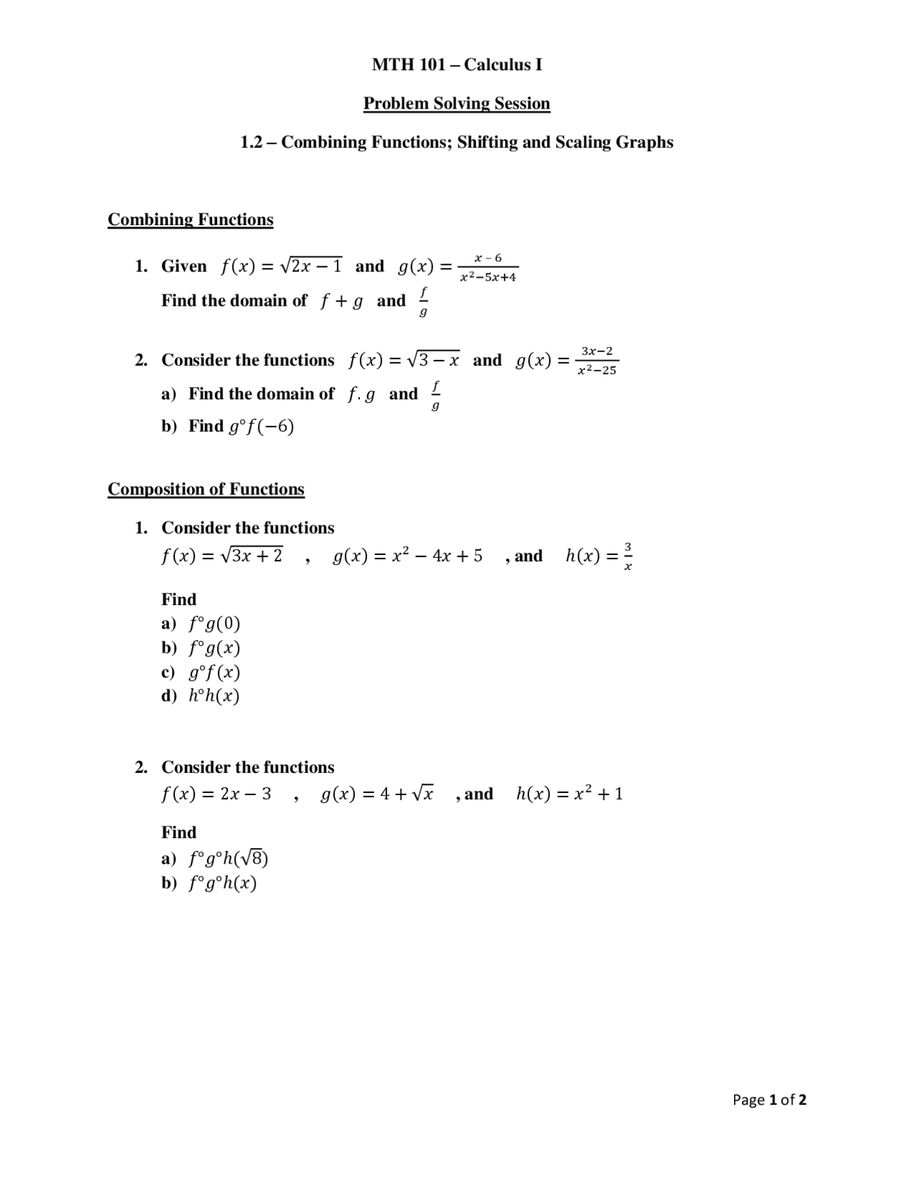 Combining Functions Docsity