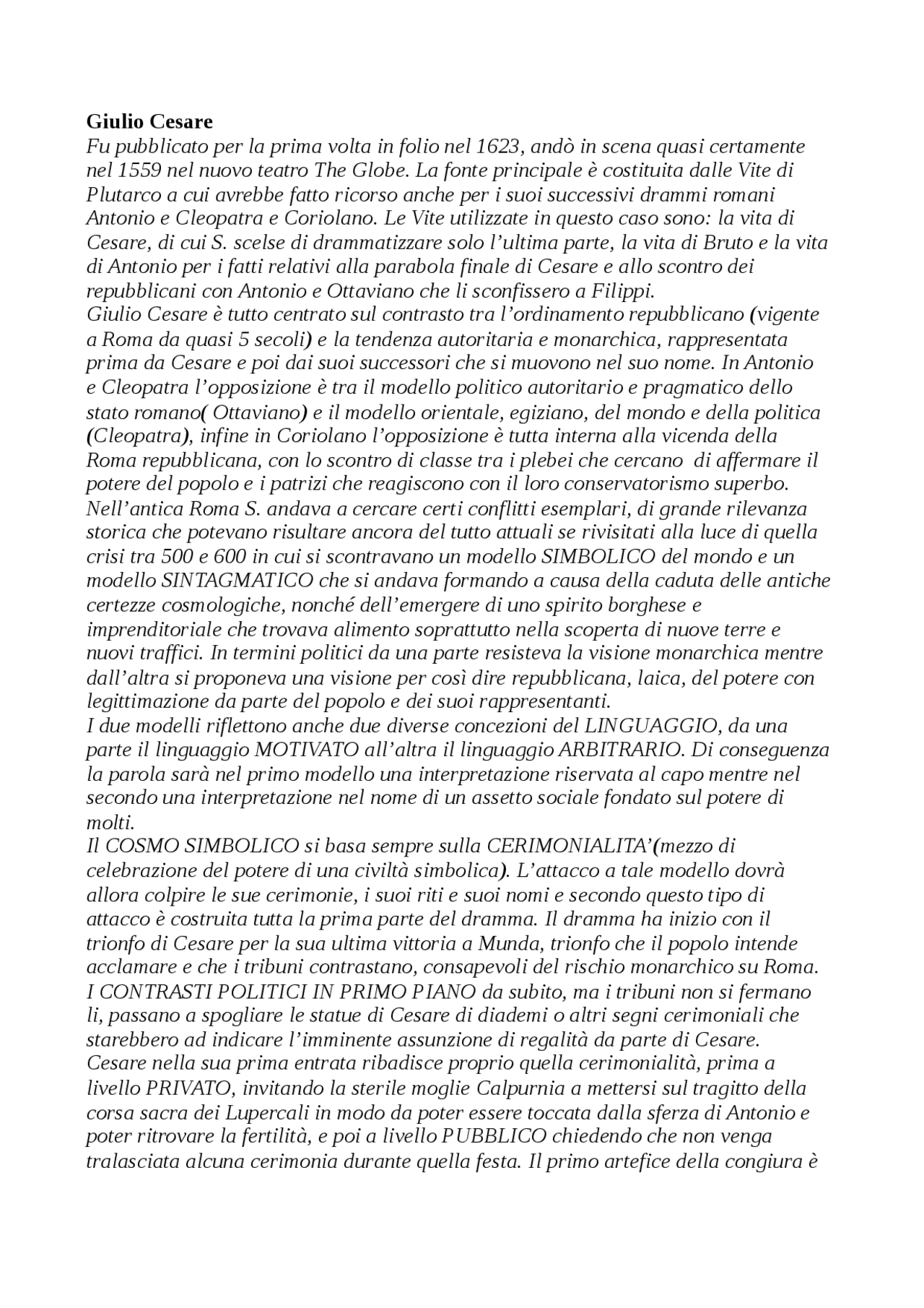 William Shakespeare Giulio Cesare Docsity