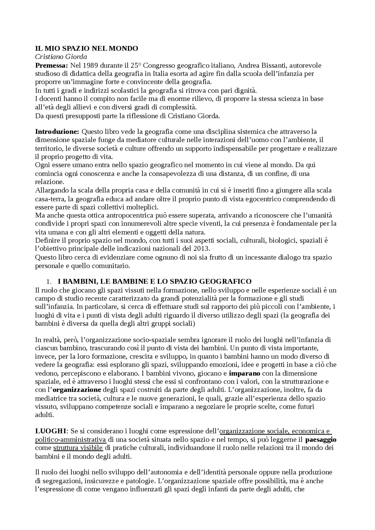 Il Mio Spazio Nel Mondo Docsity