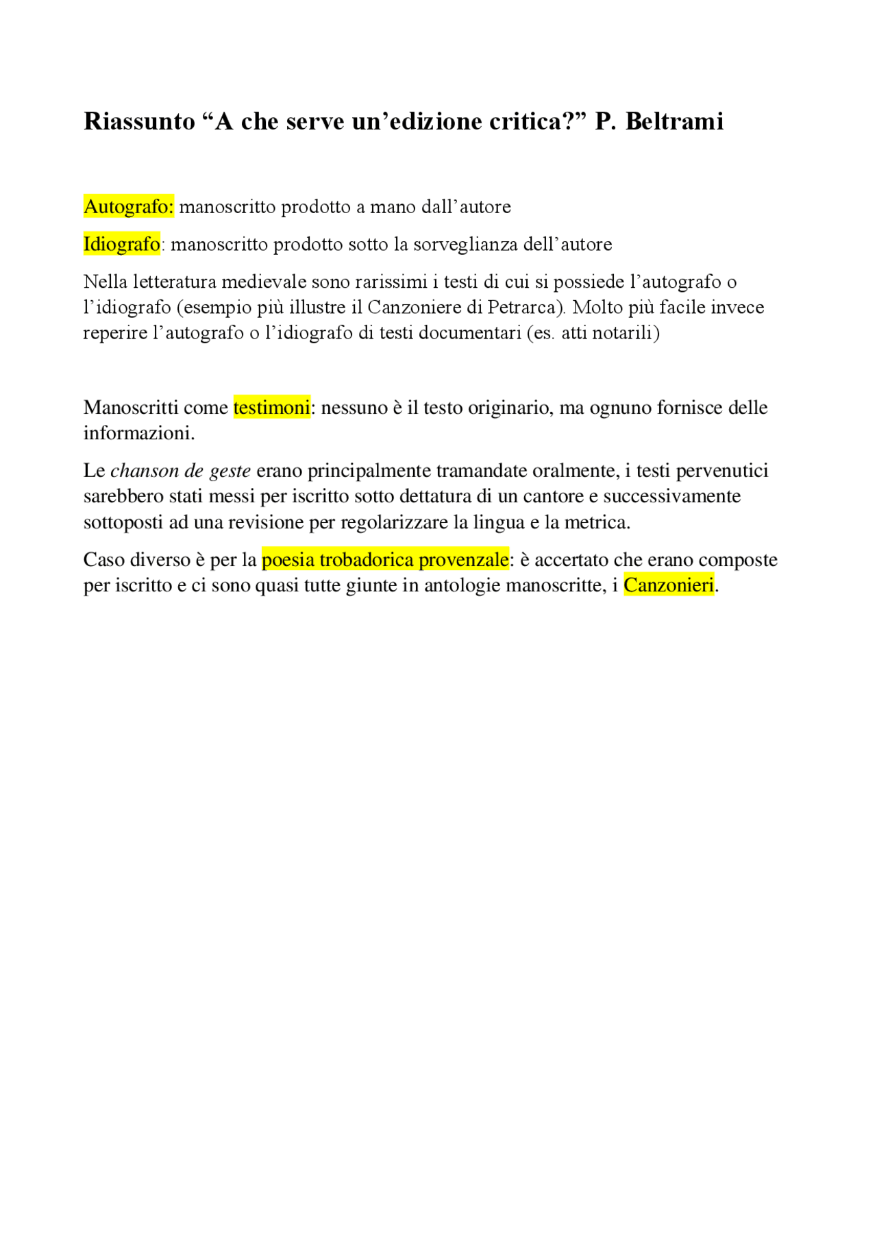 Riassunto A Che Serve Unedizione Critica Di Pietro Beltrami Docsity