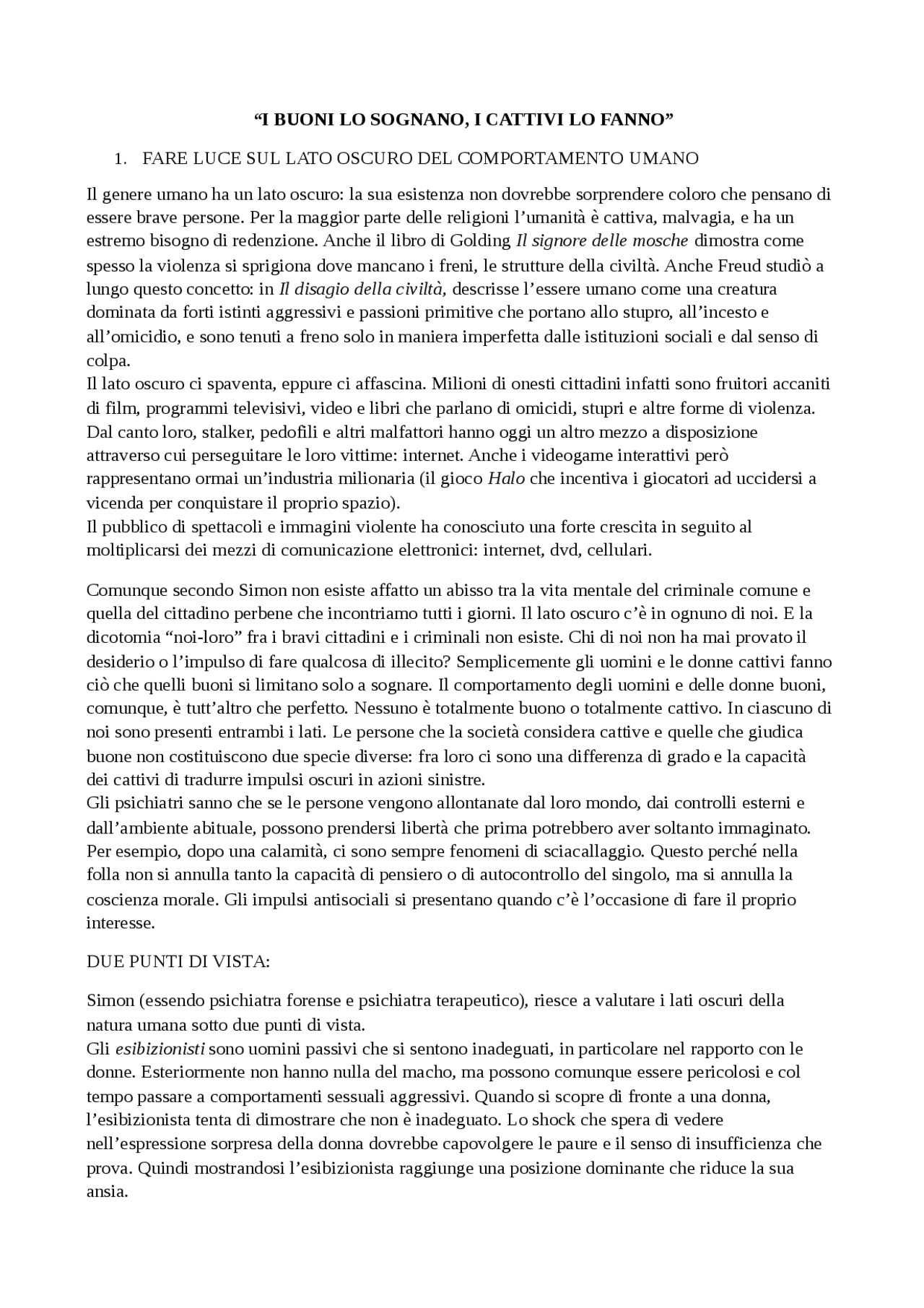 Riassunto I Buoni Lo Sognano I Cattivi Lo Fanno Simon Docsity