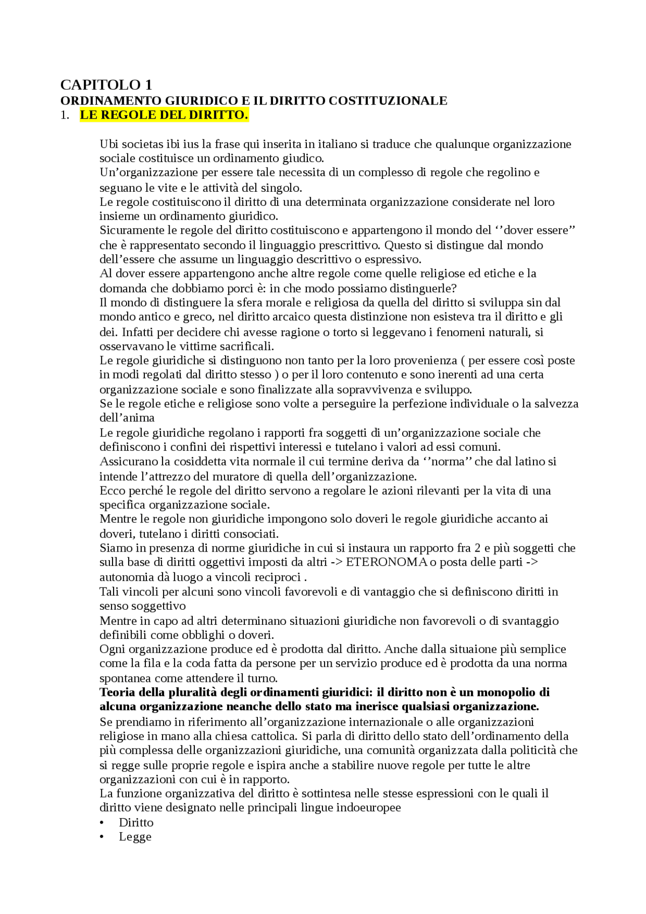 Riassunto primo capitolo. Diritto pubblico. - Docsity