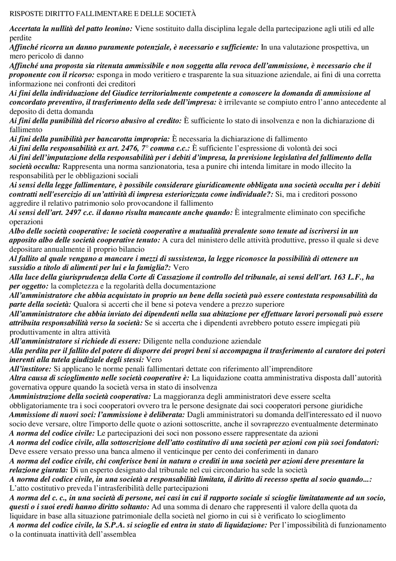 Test Diritto Fallimentare E Delle Società Unipegaso Docsity