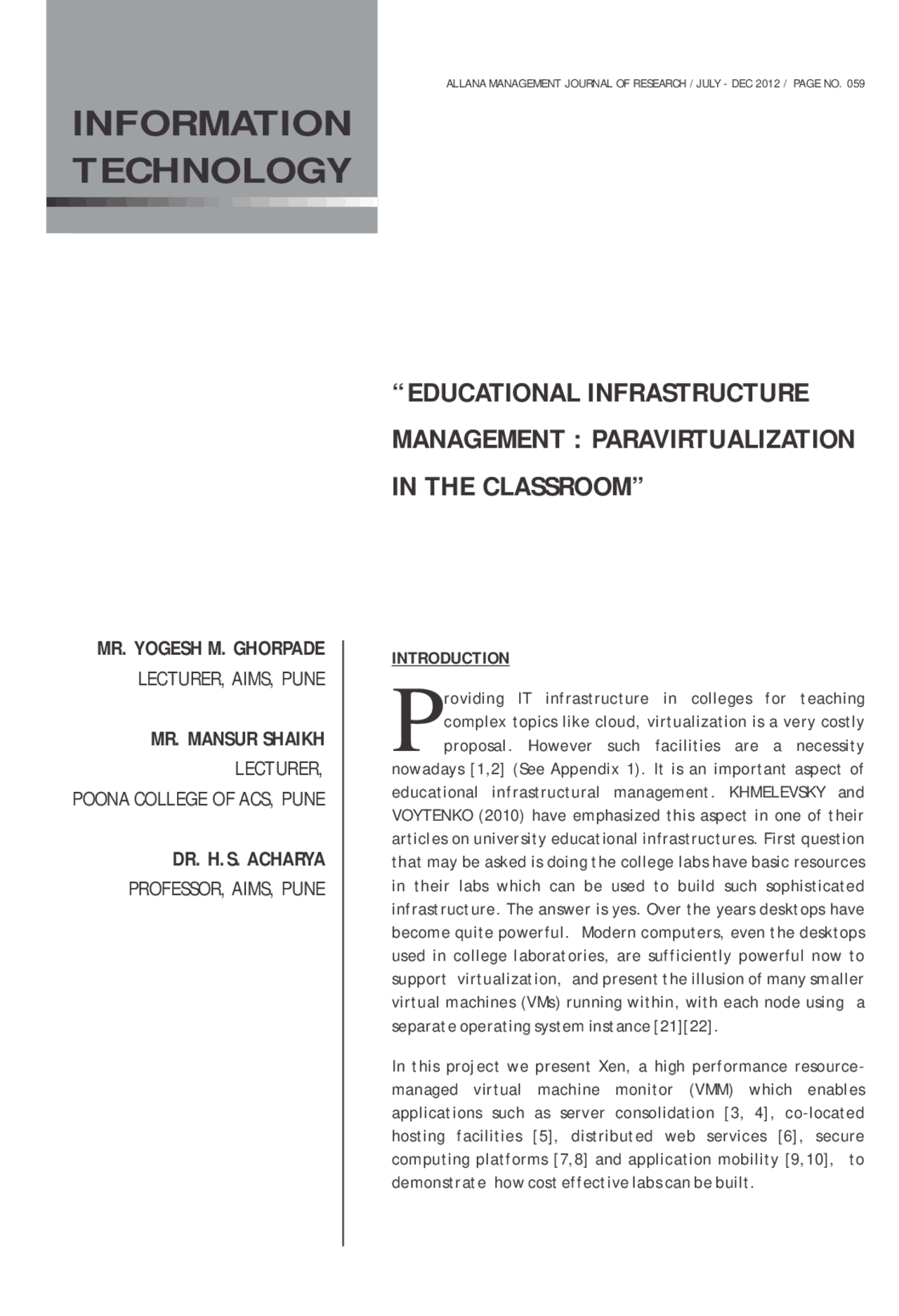 “educational Infrastructure Management Para Virtualization In The Classroom Docsity