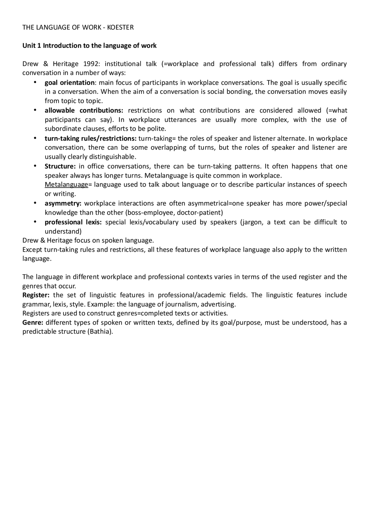 Riassunto Summary The Language Of Work Koester Sintesi Del Corso
