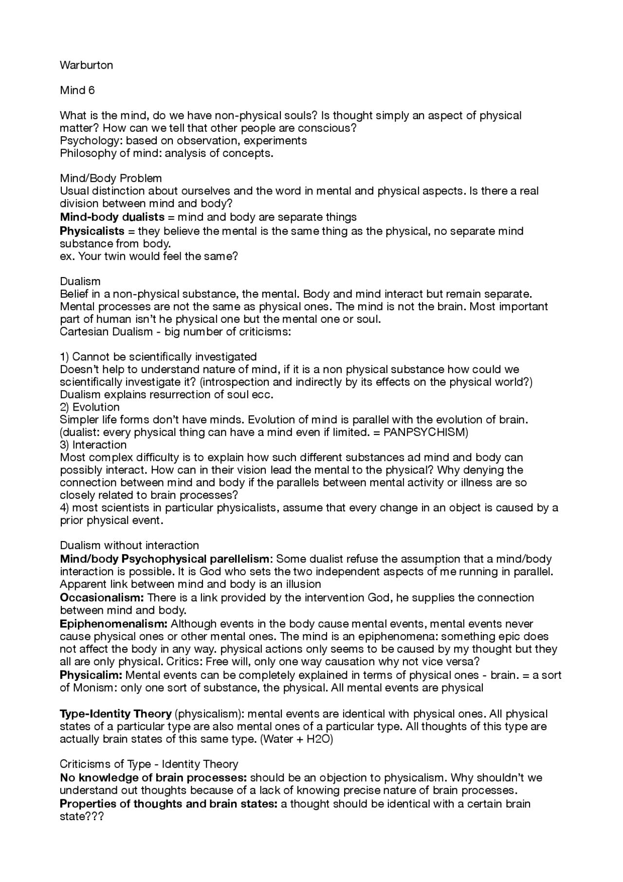 Philosophy Of Mind Warburton Docsity