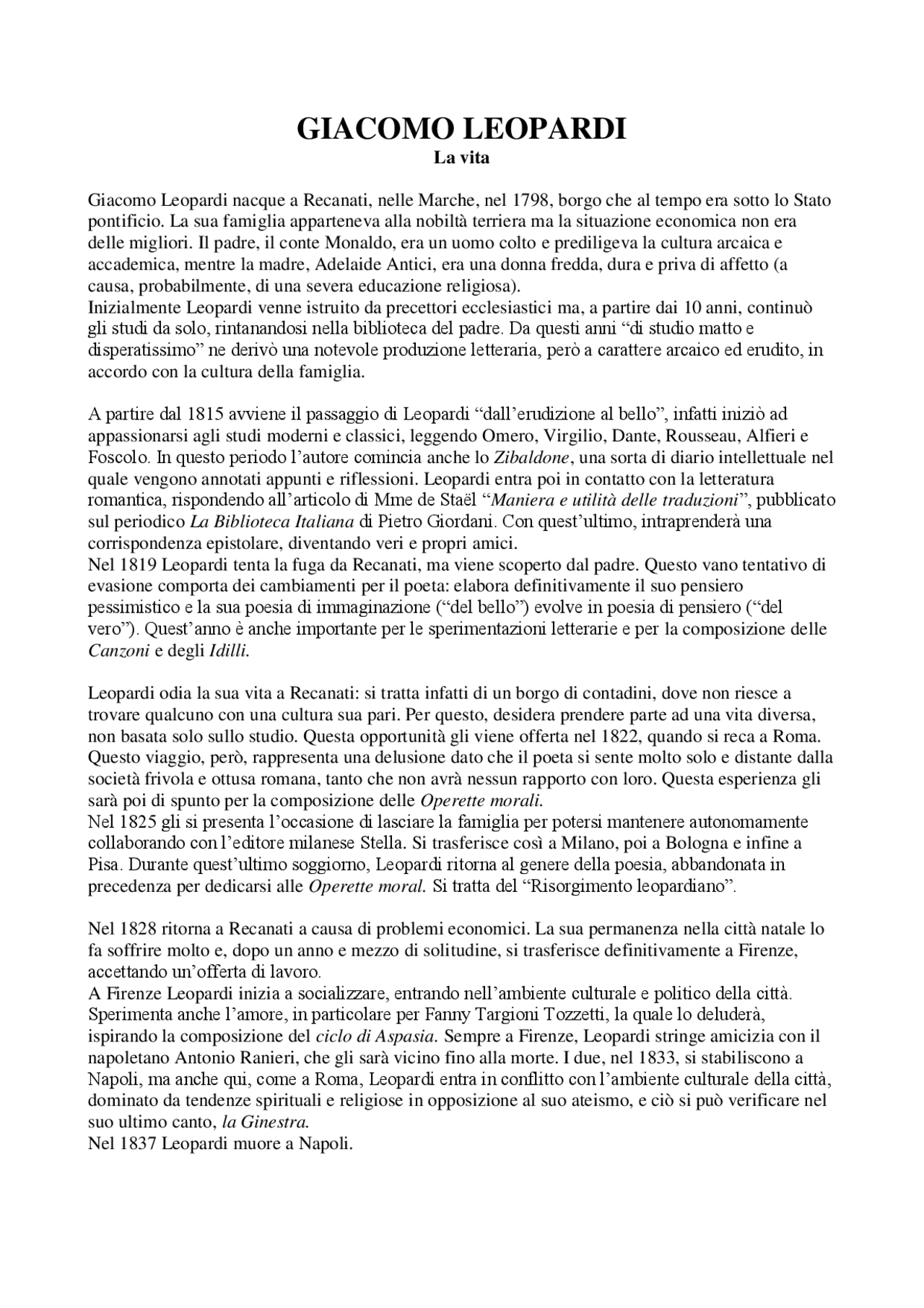 Giacomo Leopardi: vita, pensiero, poetica, opere - Docsity