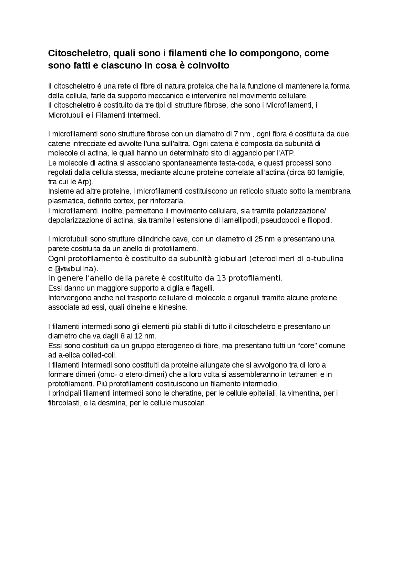Citoscheletro Struttura E Funzione Docsity