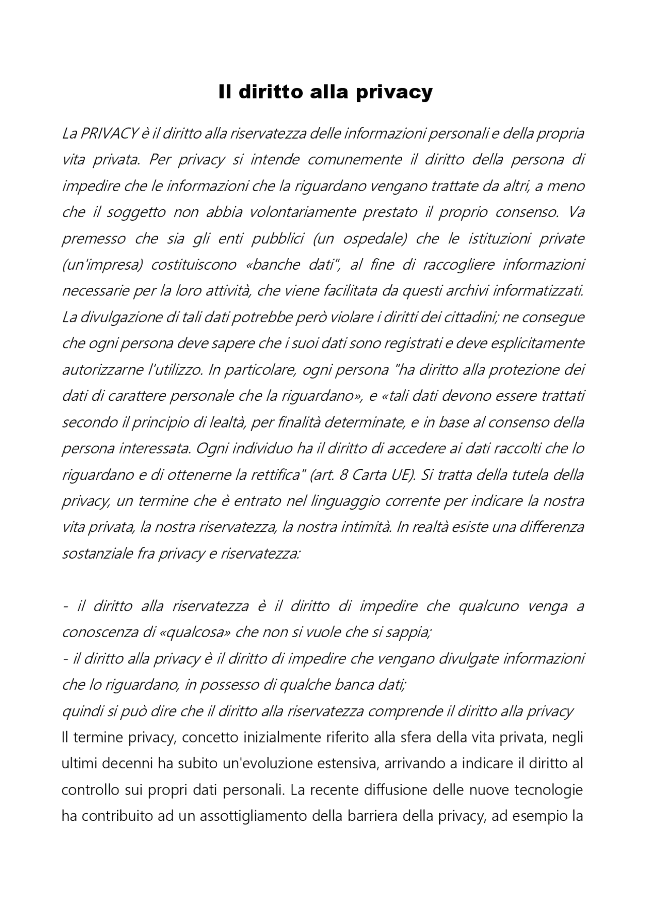 Il Diritto Alla Privacy Docsity
