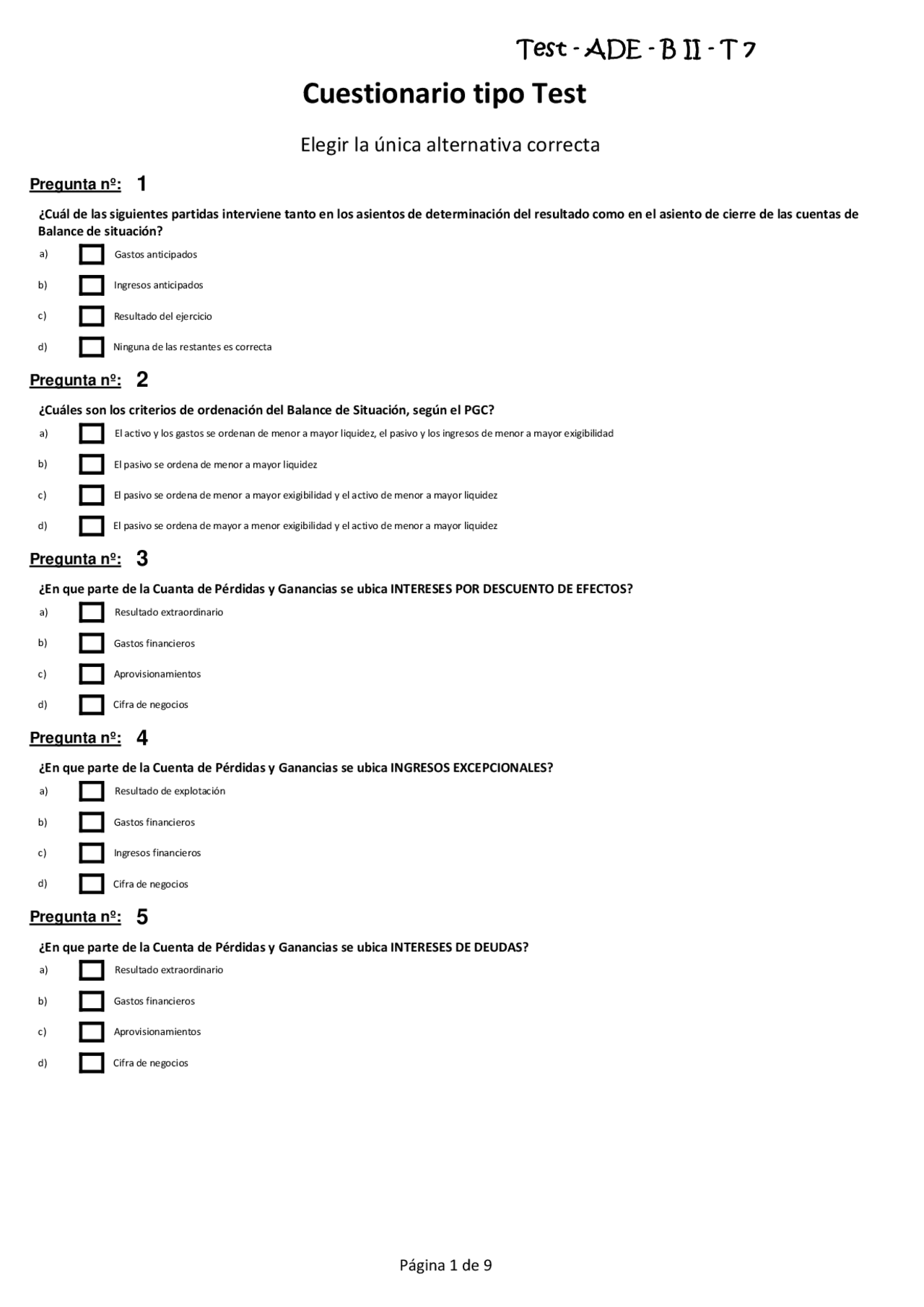 Contabilidad Test De Examen Exercices De Comptabilité Docsity