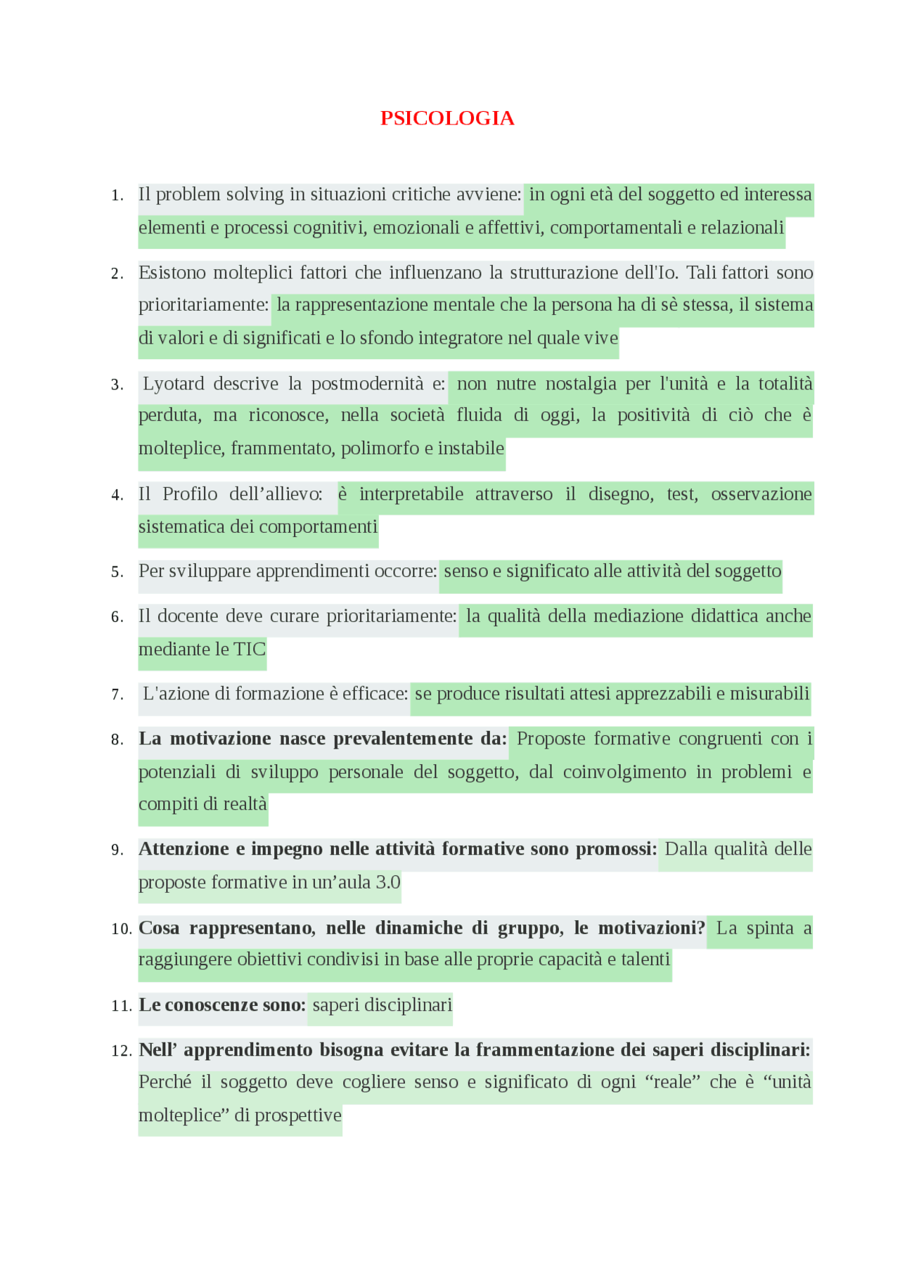 Test Di Riepilogo Di Psicologia Generale Con Risposte Unipegaso Docsity