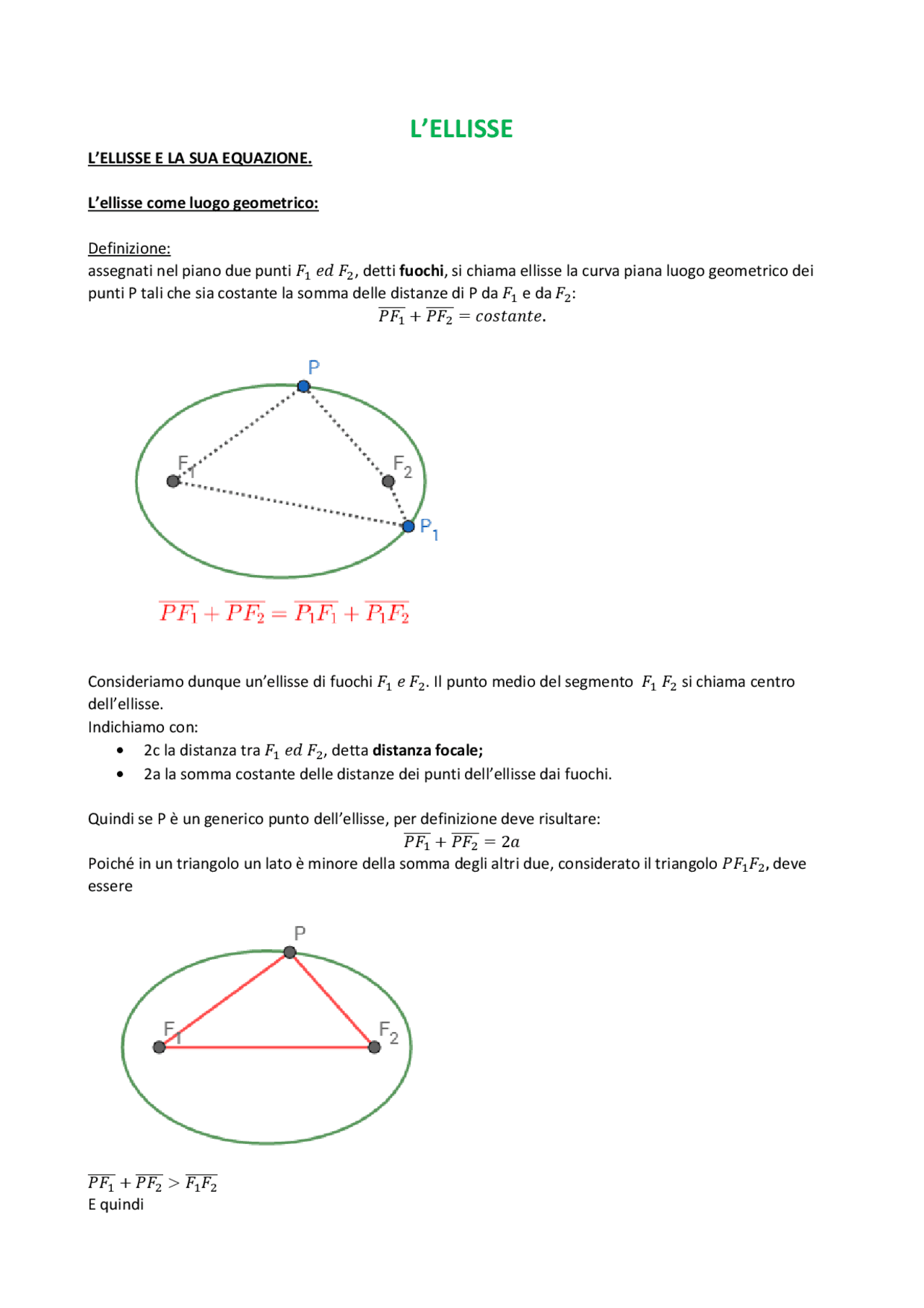 L'ellisse teoria ed esercizi. | Esercizi di Matematica | Docsity