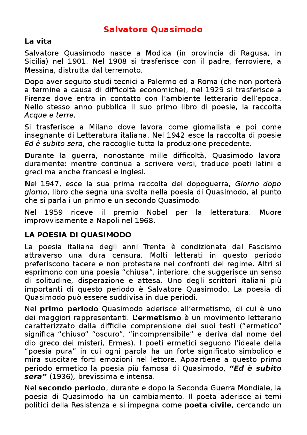 Tesina Su Salvatore Quasimodo Docsity