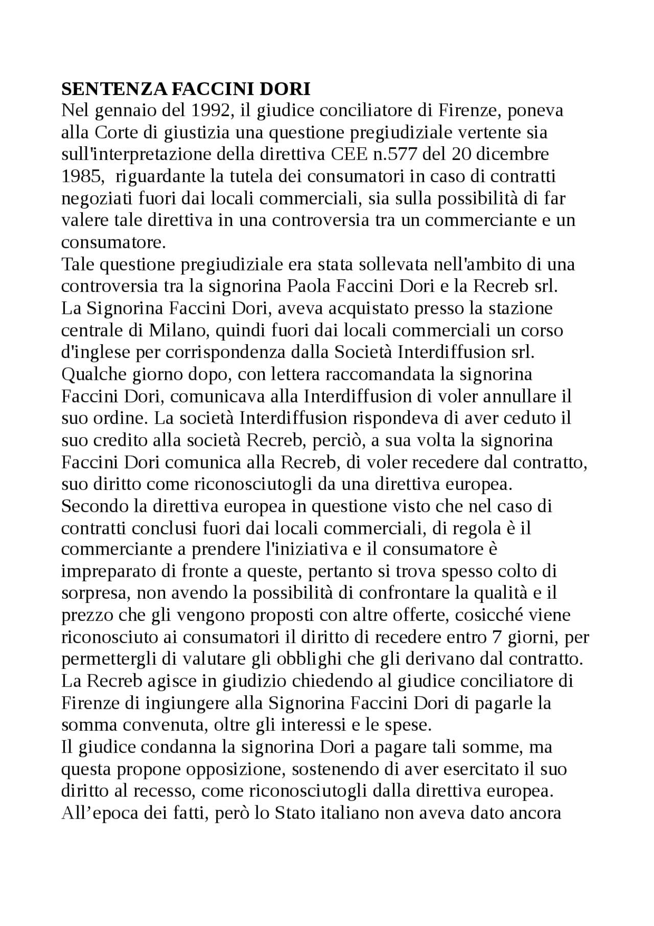 Sentenza Faccini Dori Della Corte Di Giustizia Dellue Docsity