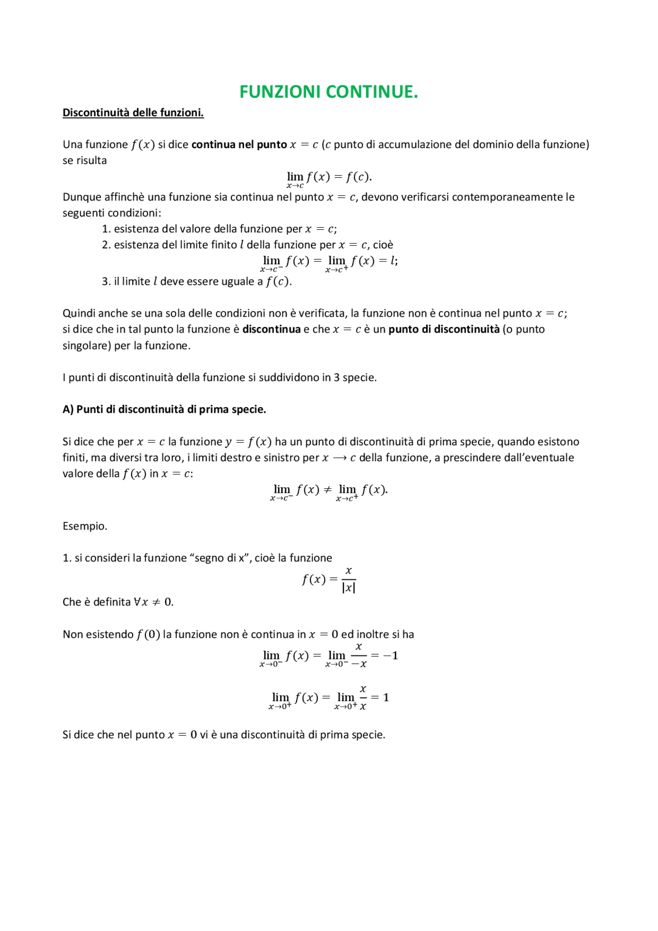 Le funzioni continue. - Docsity