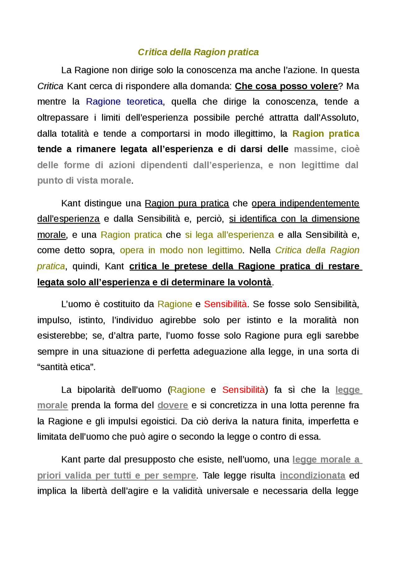 Critica Della Ragion Pratica Kant Docsity