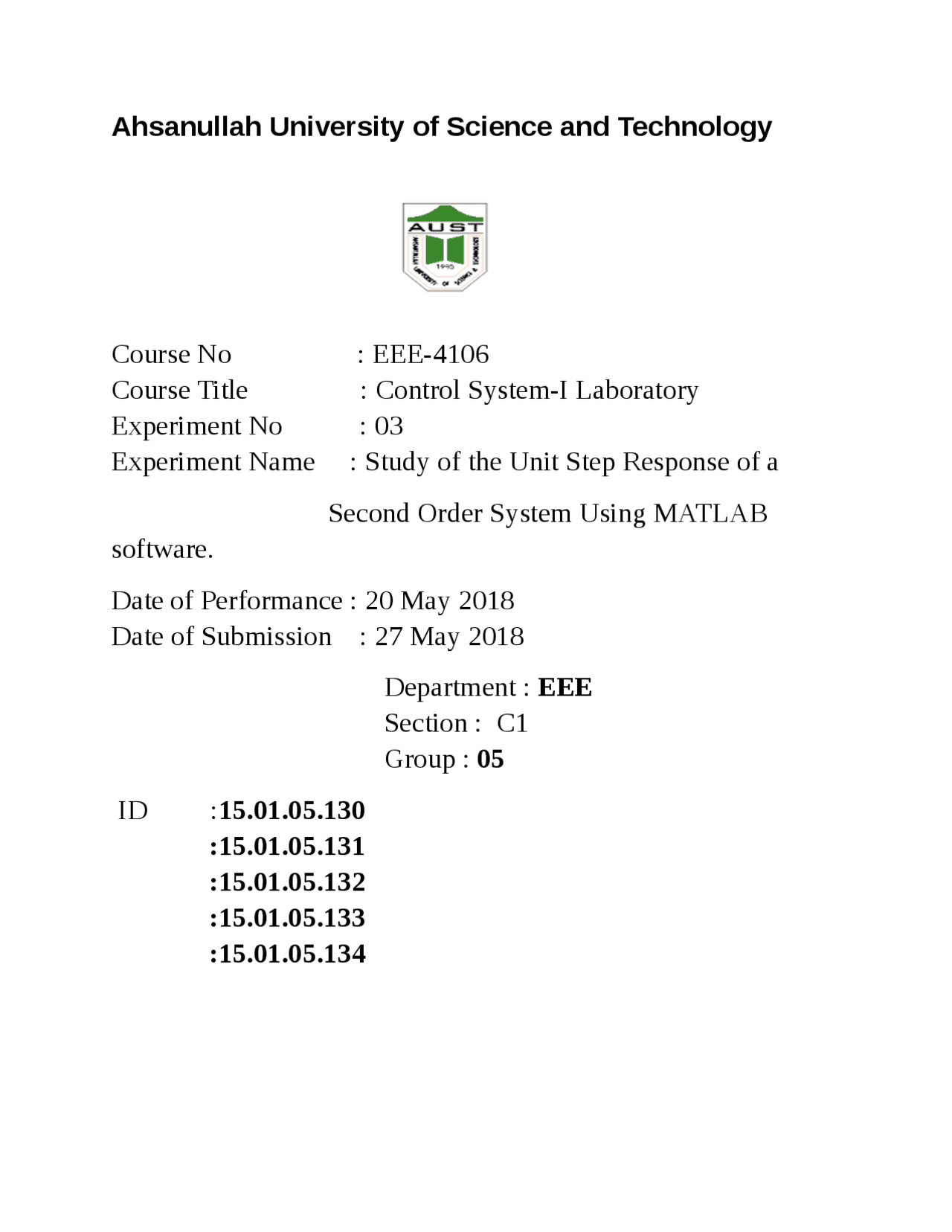 Lab Report Second Order System Aust Lecture Notes Control Systems