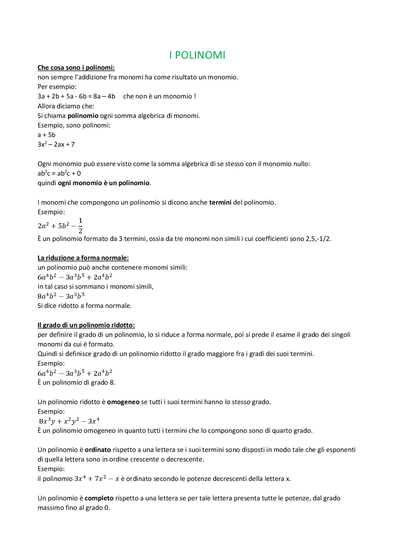 Teoria Ed Esercizi Sui Polinomi Docsity