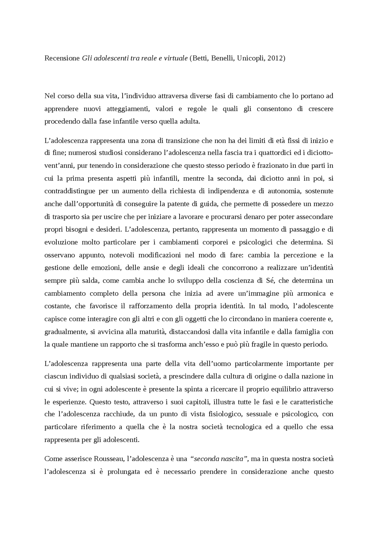 Gli Adolescenti Tra Reale E Virtuale Bettibenelli Docsity