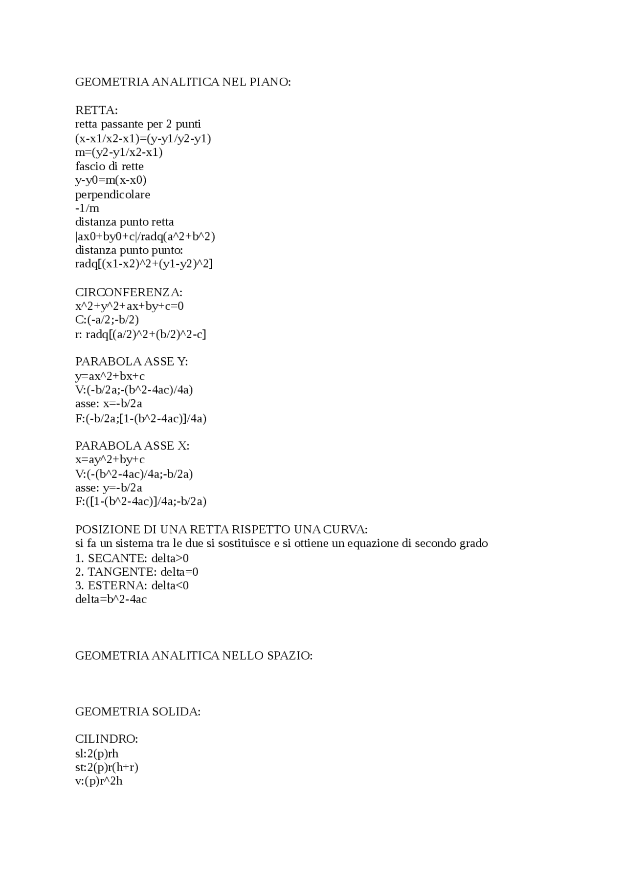 Formulario Di Geometria Analitica E Di Goniometria Docsity