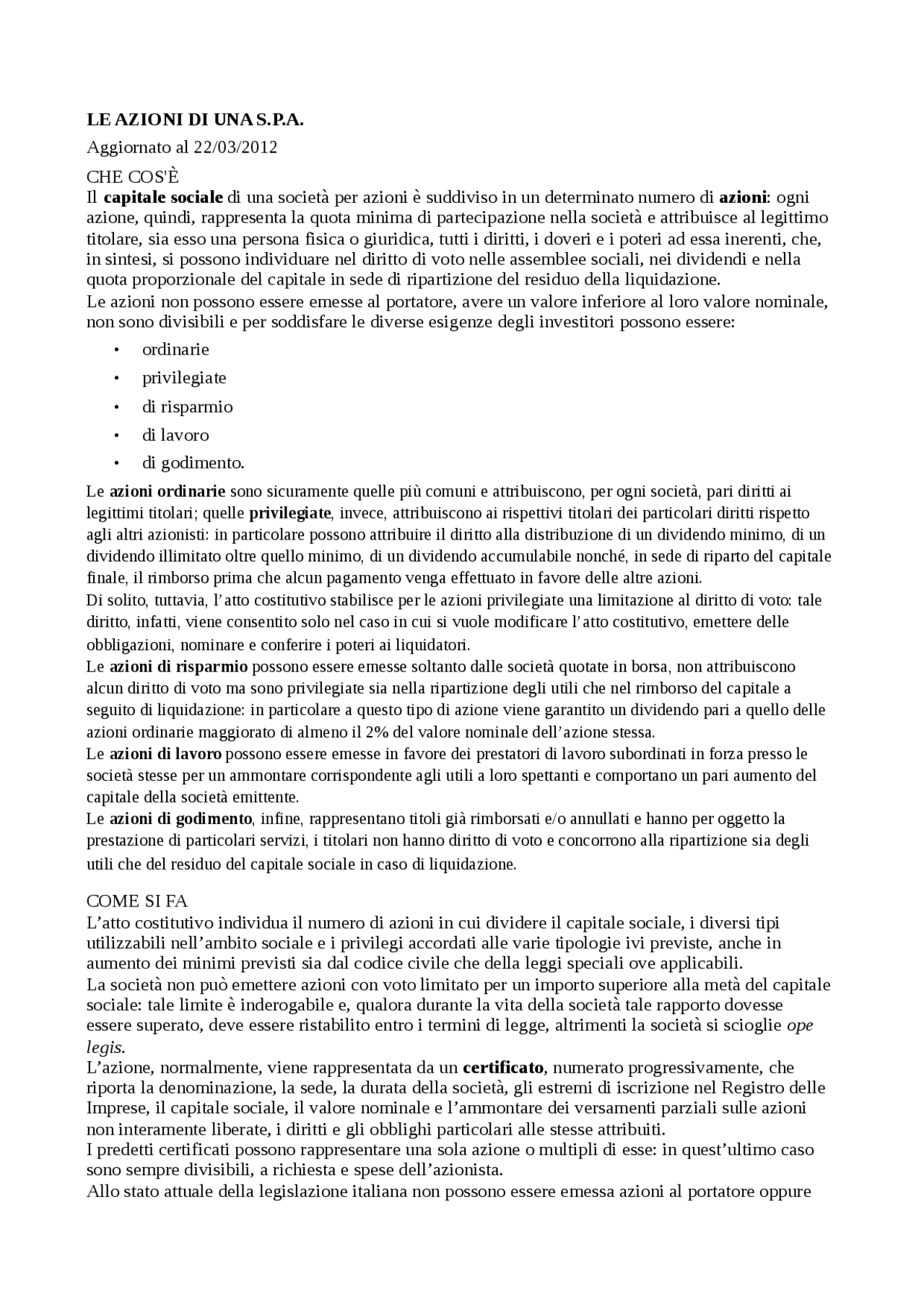 Azioni Di Una Società Per Azioni Docsity