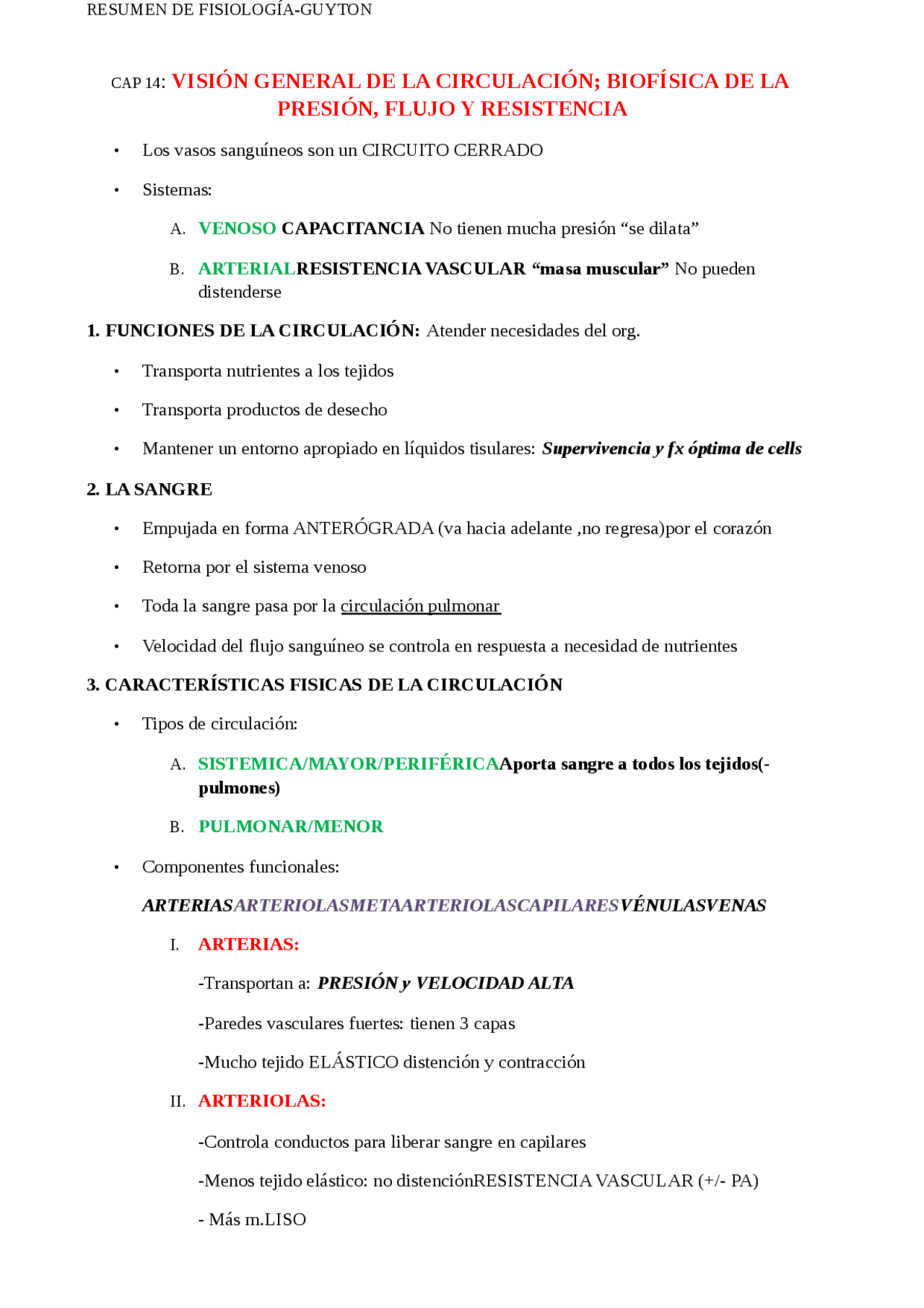 Guyton Capitulo 14 Vision General De La Circulacion Resúmenes De