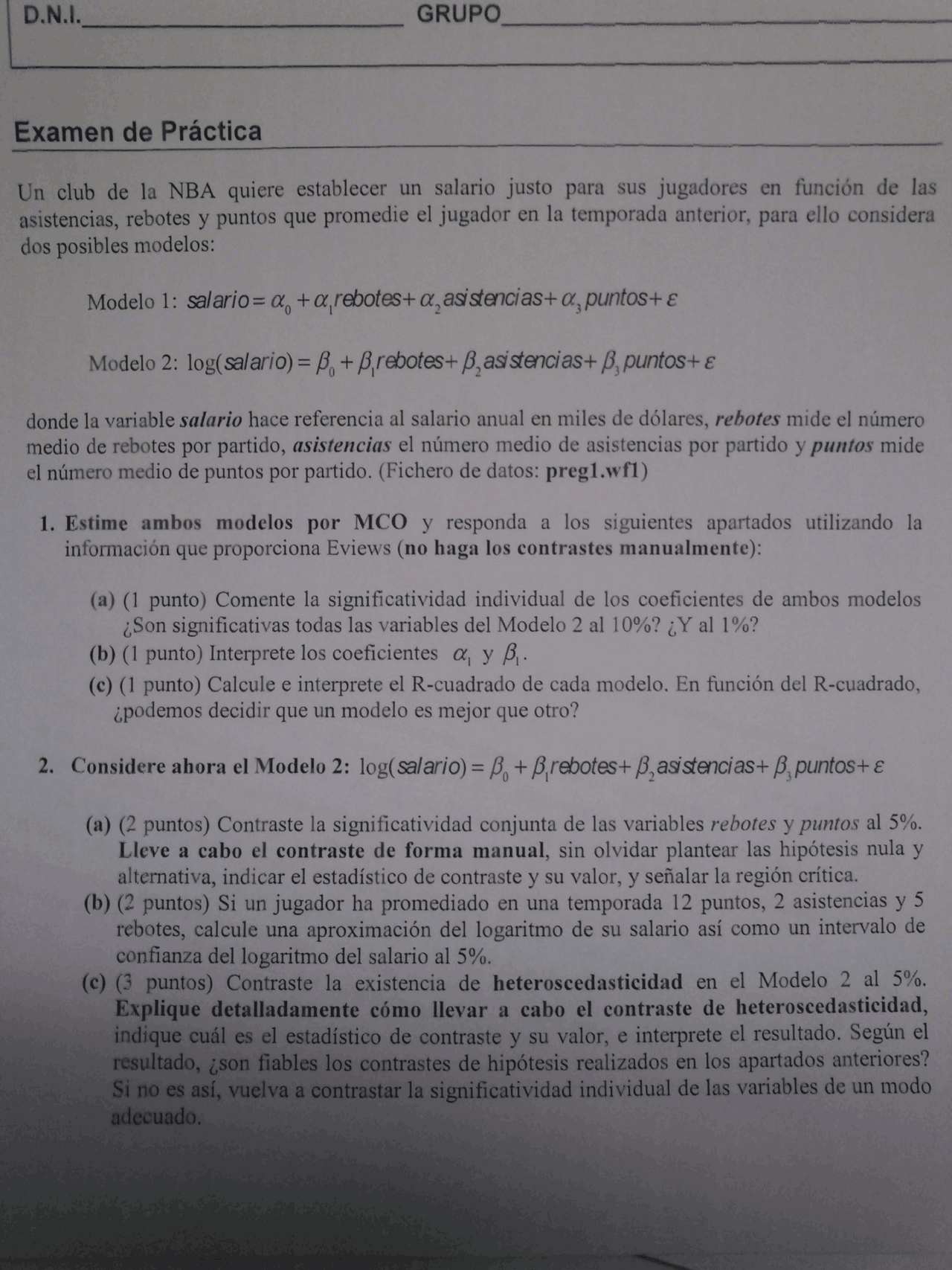Examen Final De Econometría De Ade Docsity