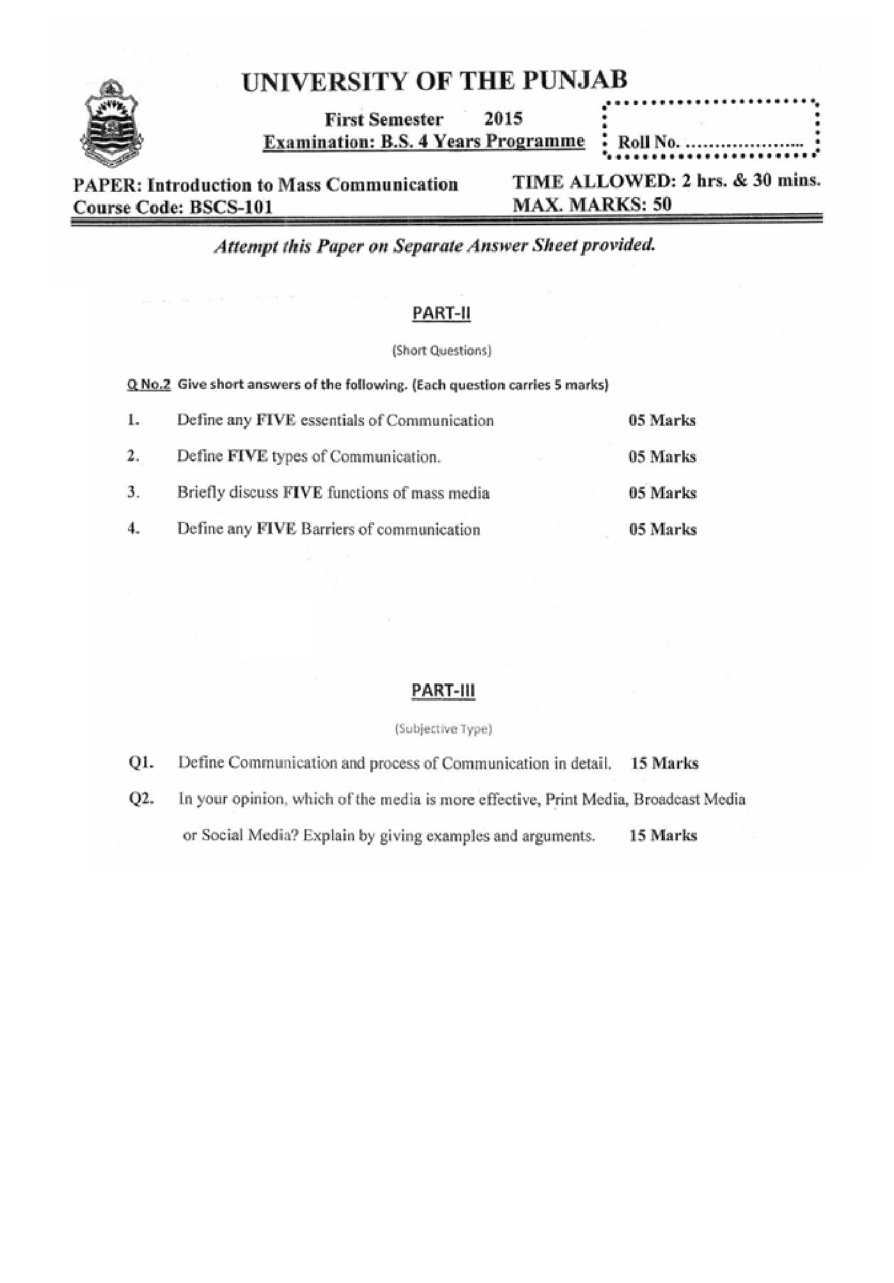 Bscs past paper BS-IT Past Papers of University Of The Punjab Lahore ...