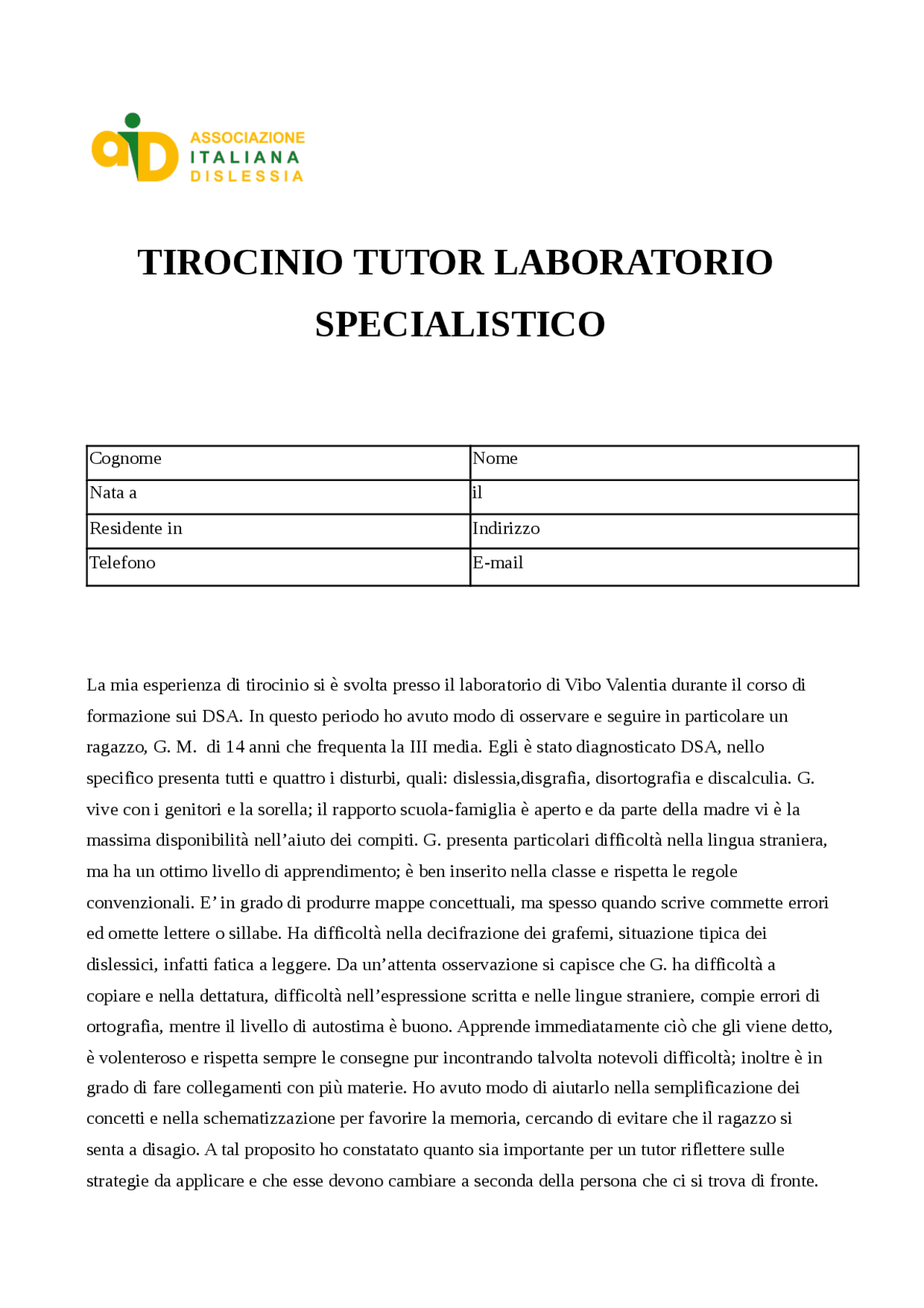 Relazione Tirocinio Dsa Tesine Universitarie Di Psicoanalisi Docsity