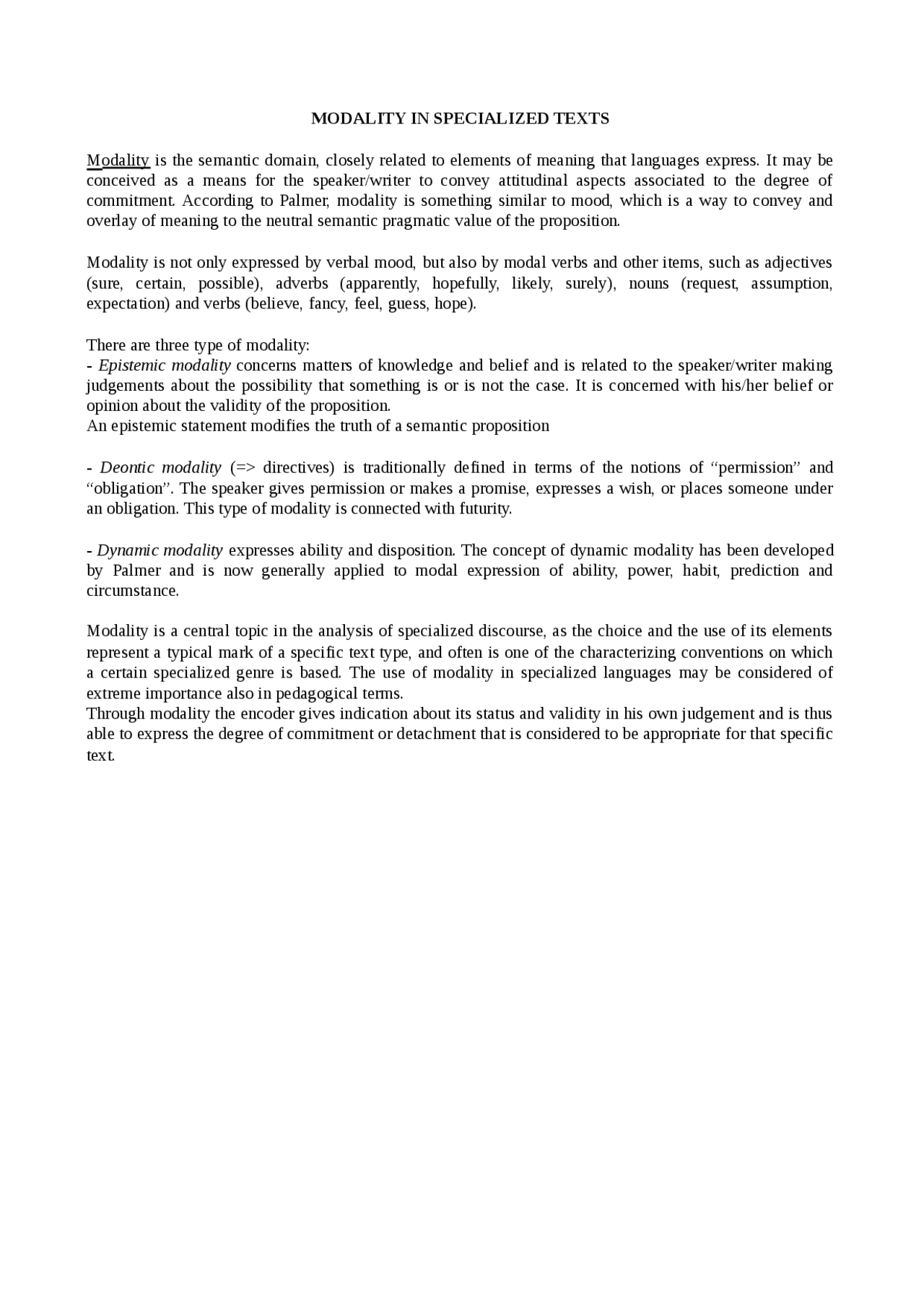Modality in specialized texts - Docsity