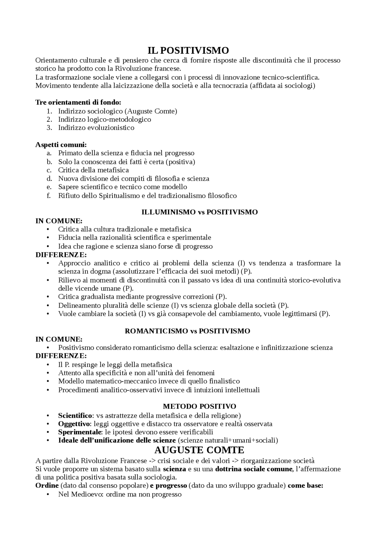 Comte E Il Positivismo Docsity