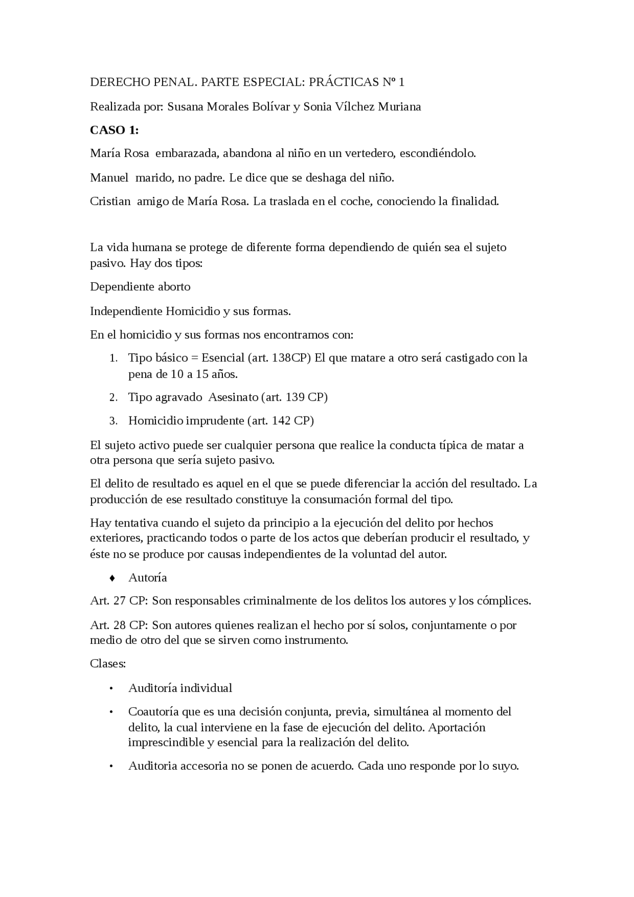 Practica 1 De Derecho Penal Parte Especial Ejercicios De Derecho