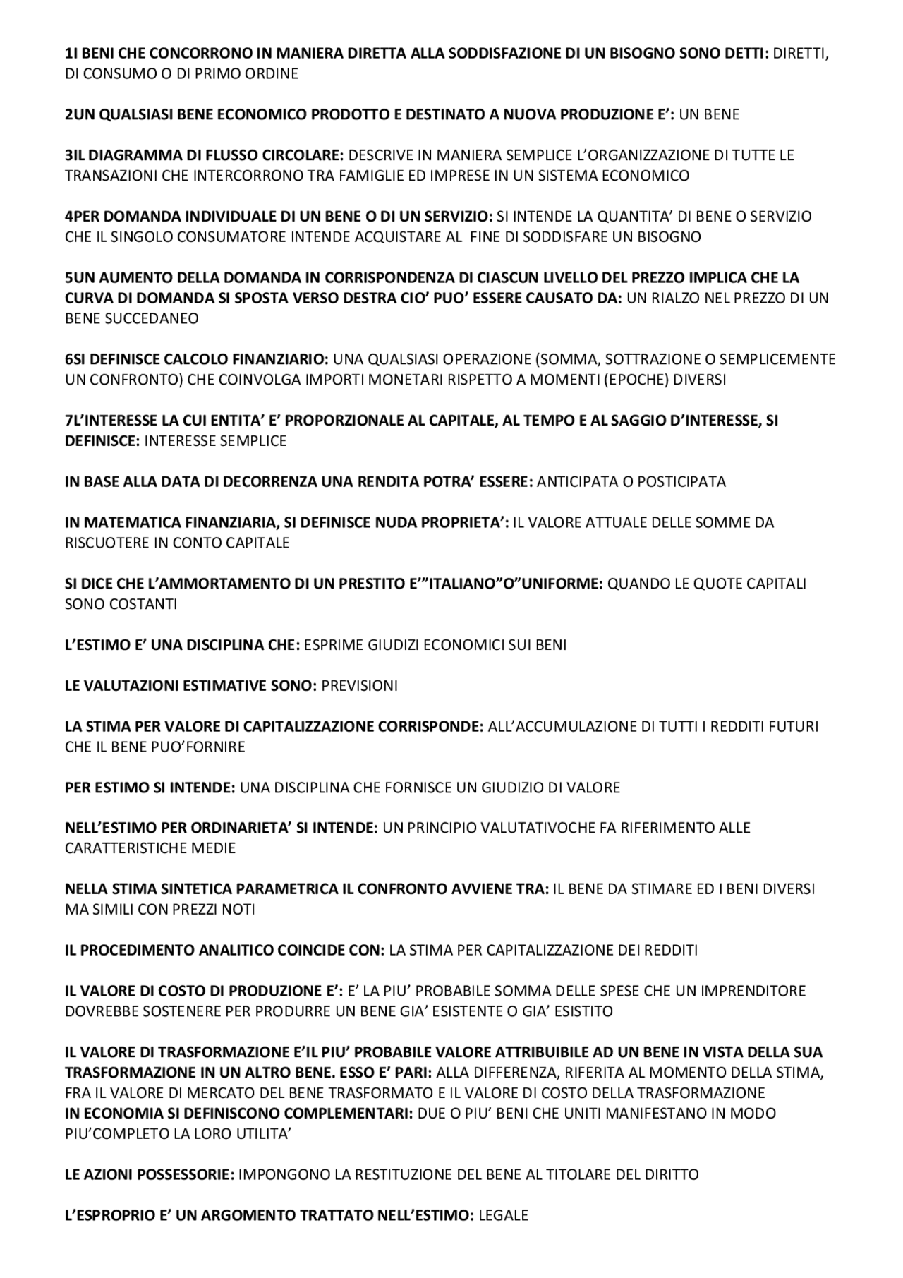 ECONOMIA ED ESTIMO domande esame (agg) - Docsity