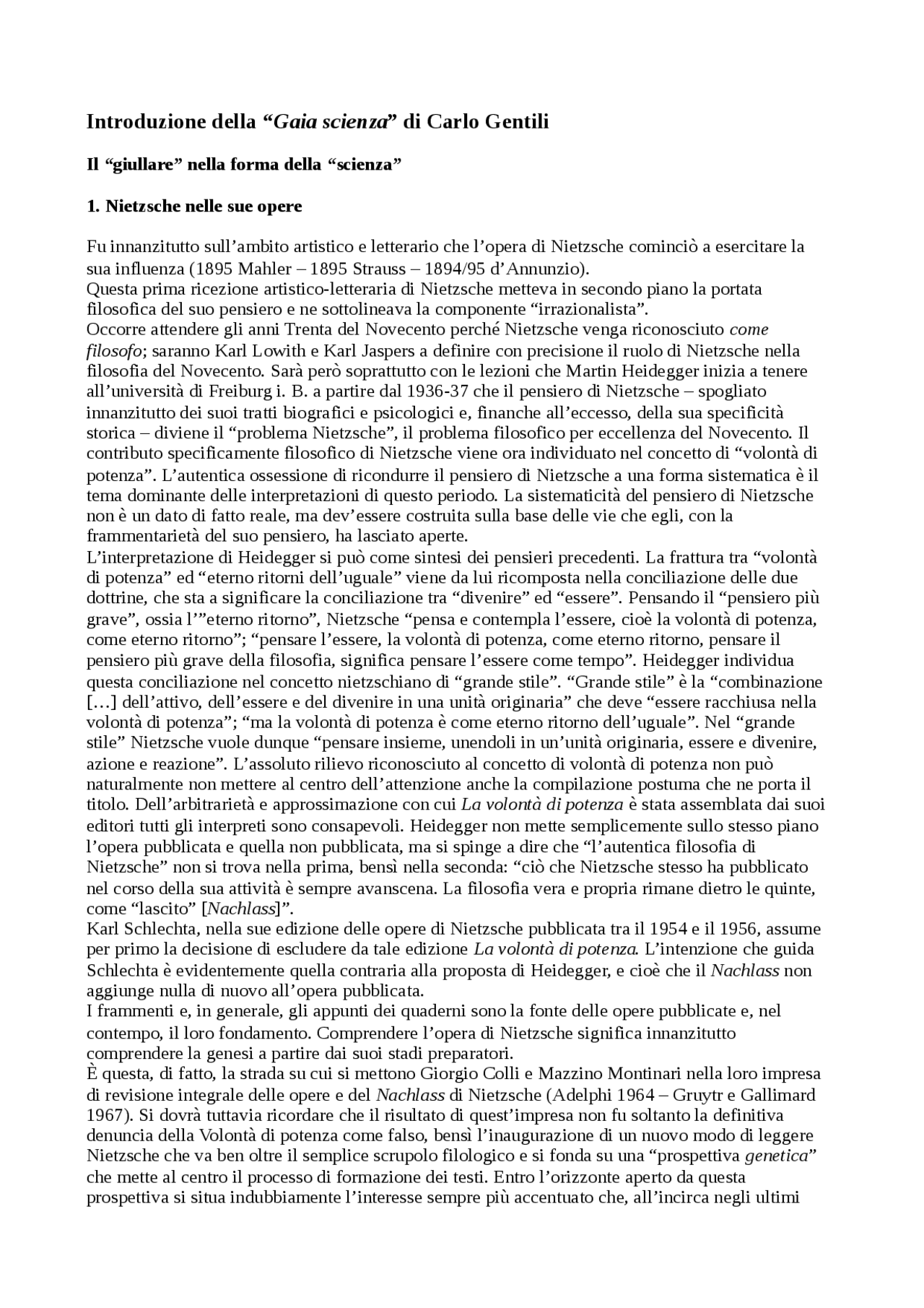 Introduzione alla Gaia scienza di Carlo Gentili | Appunti di Estetica | Docsity