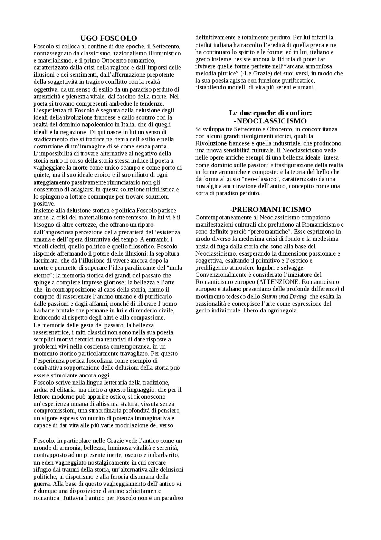 Ugo Foscolo Tra Neoclassicismo E Romanticismo Docsity