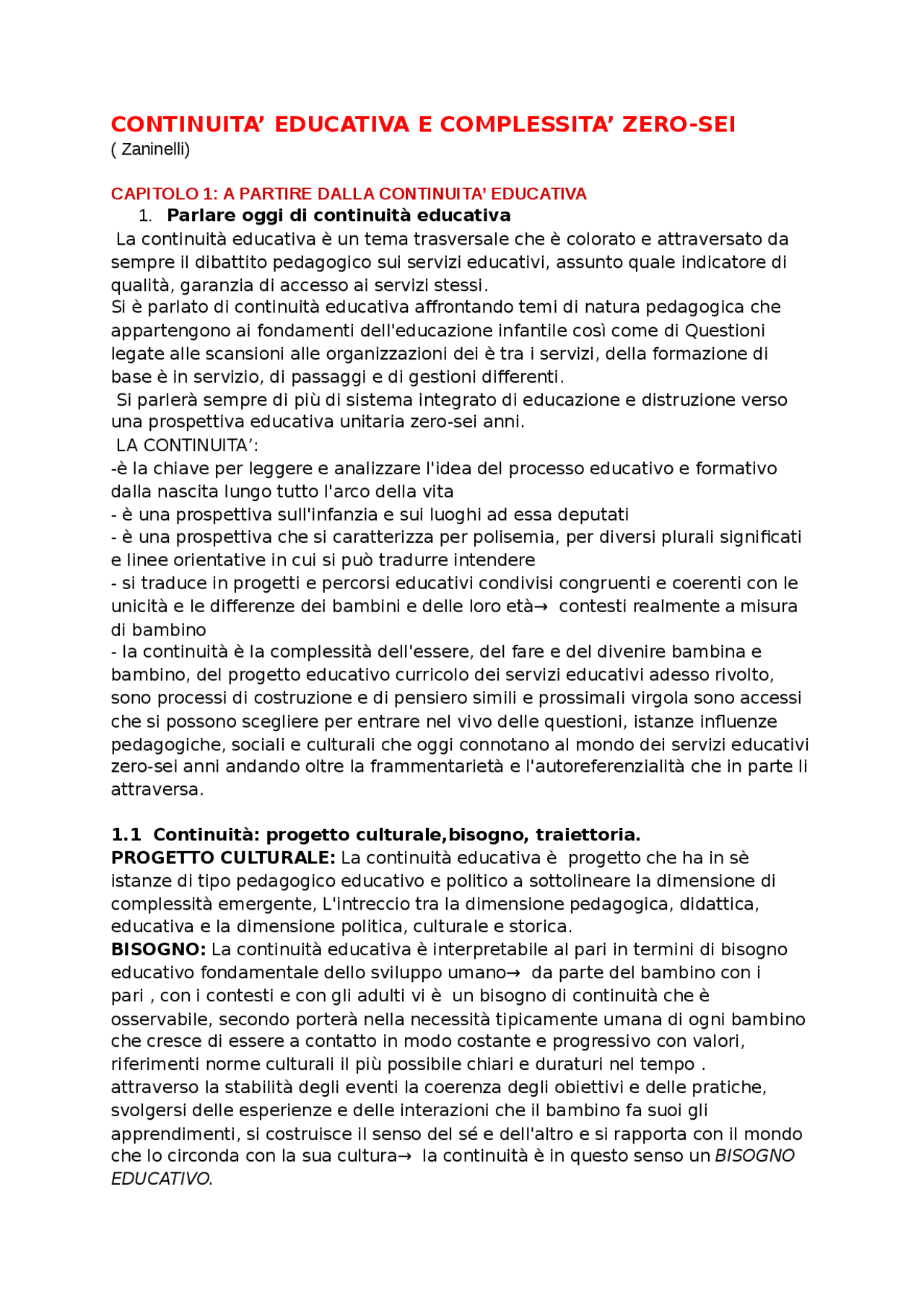 Continuita Educativa E Complessita Zero Sei Zaninelli 2018 Docsity