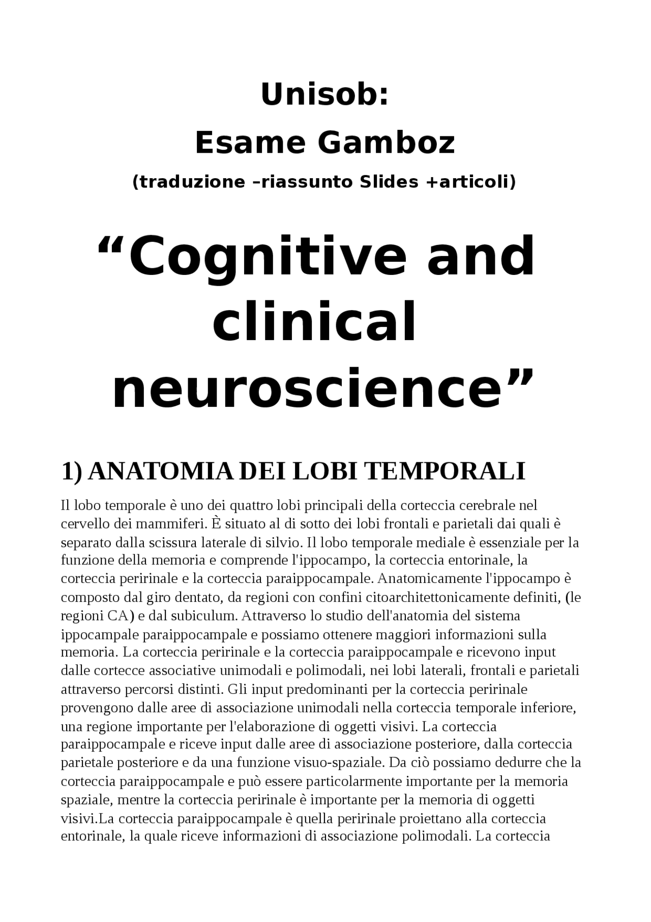 Riassunto Slides Gamboz Per Esame Scritto Cognitive And Clinical
