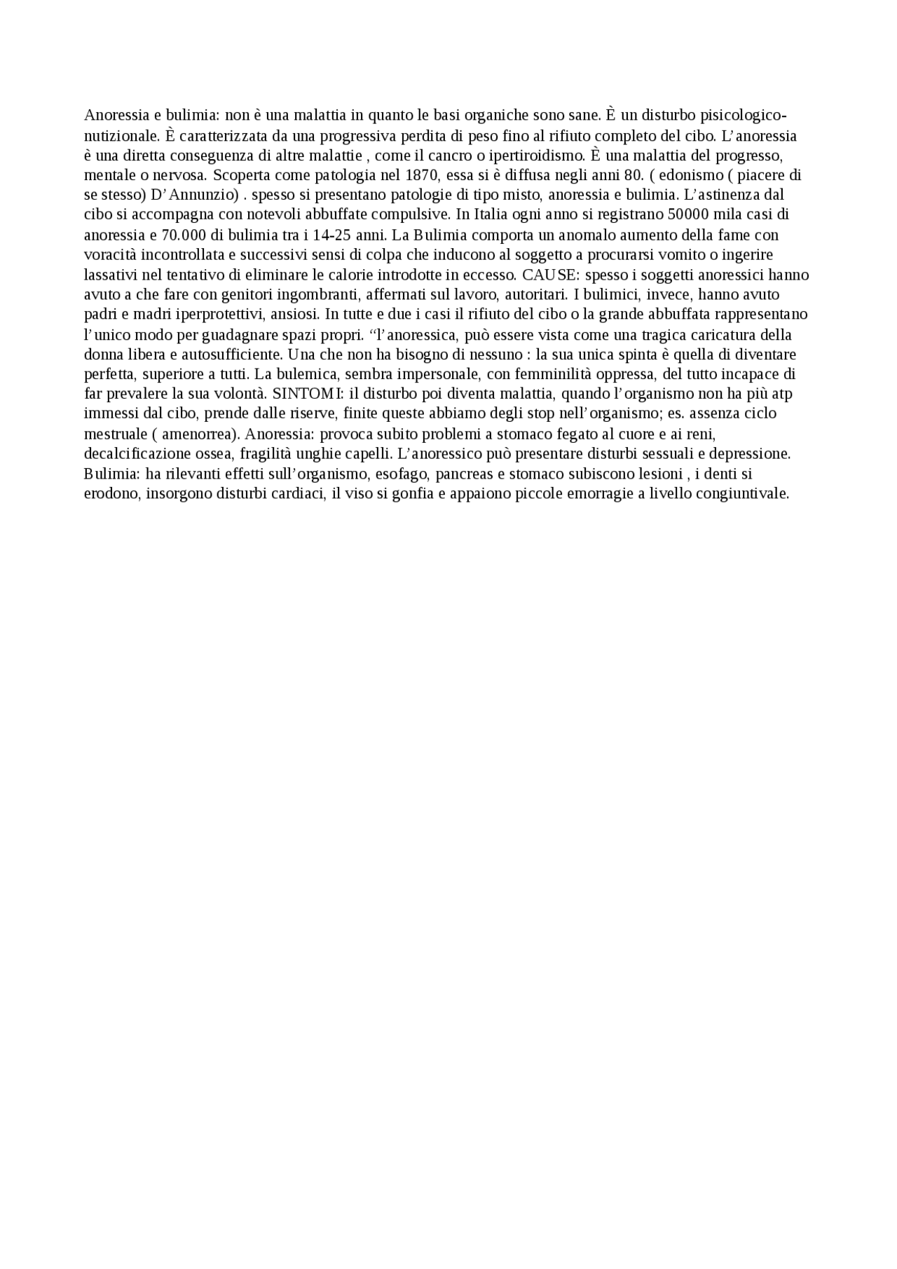 Riassunto Anoressia E Bulimia Docsity