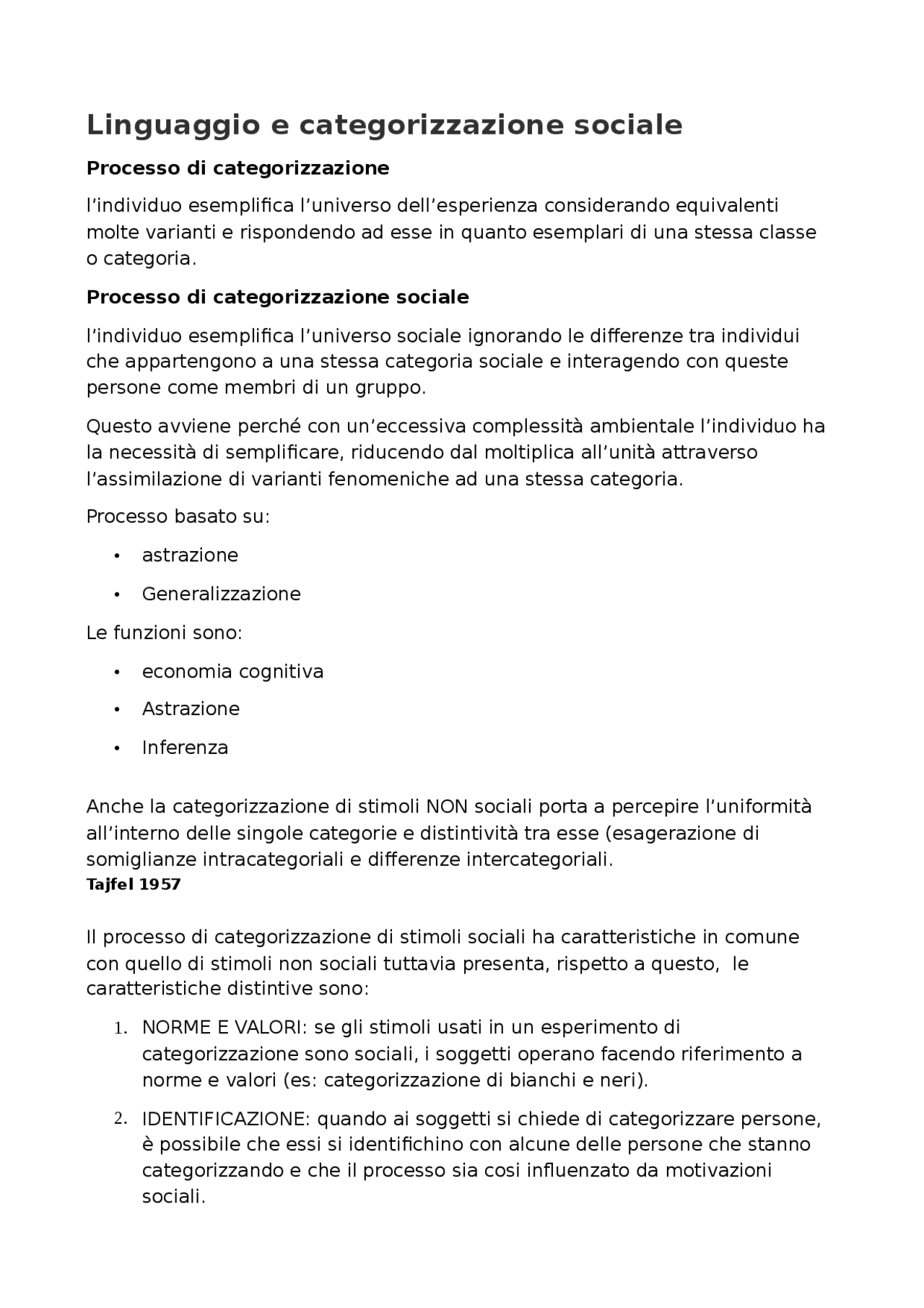 Linguaggio E Processo Di Categorizzazione Sociale Appunti Di
