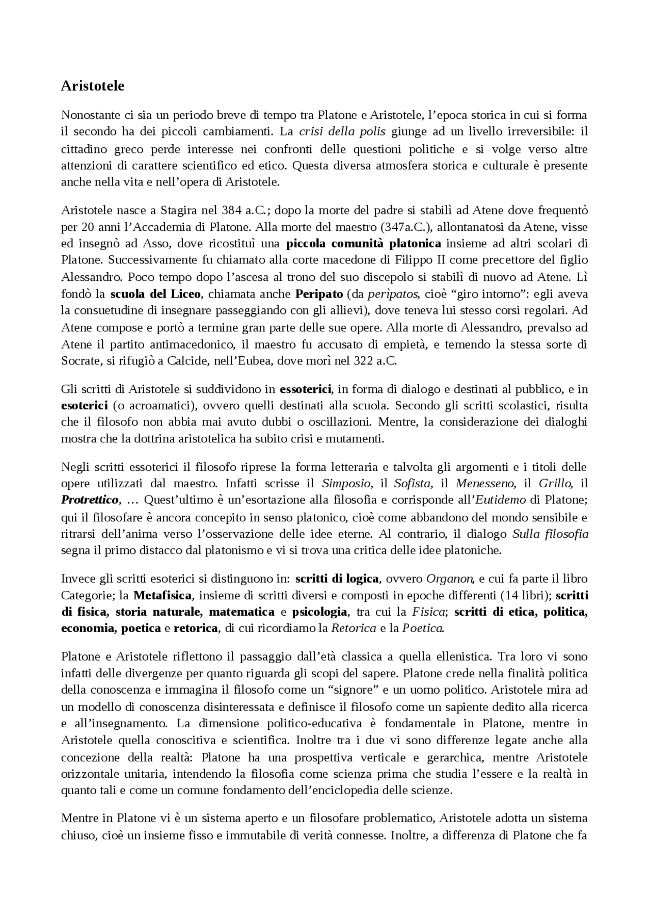 Aristotele Sintesi Docsity