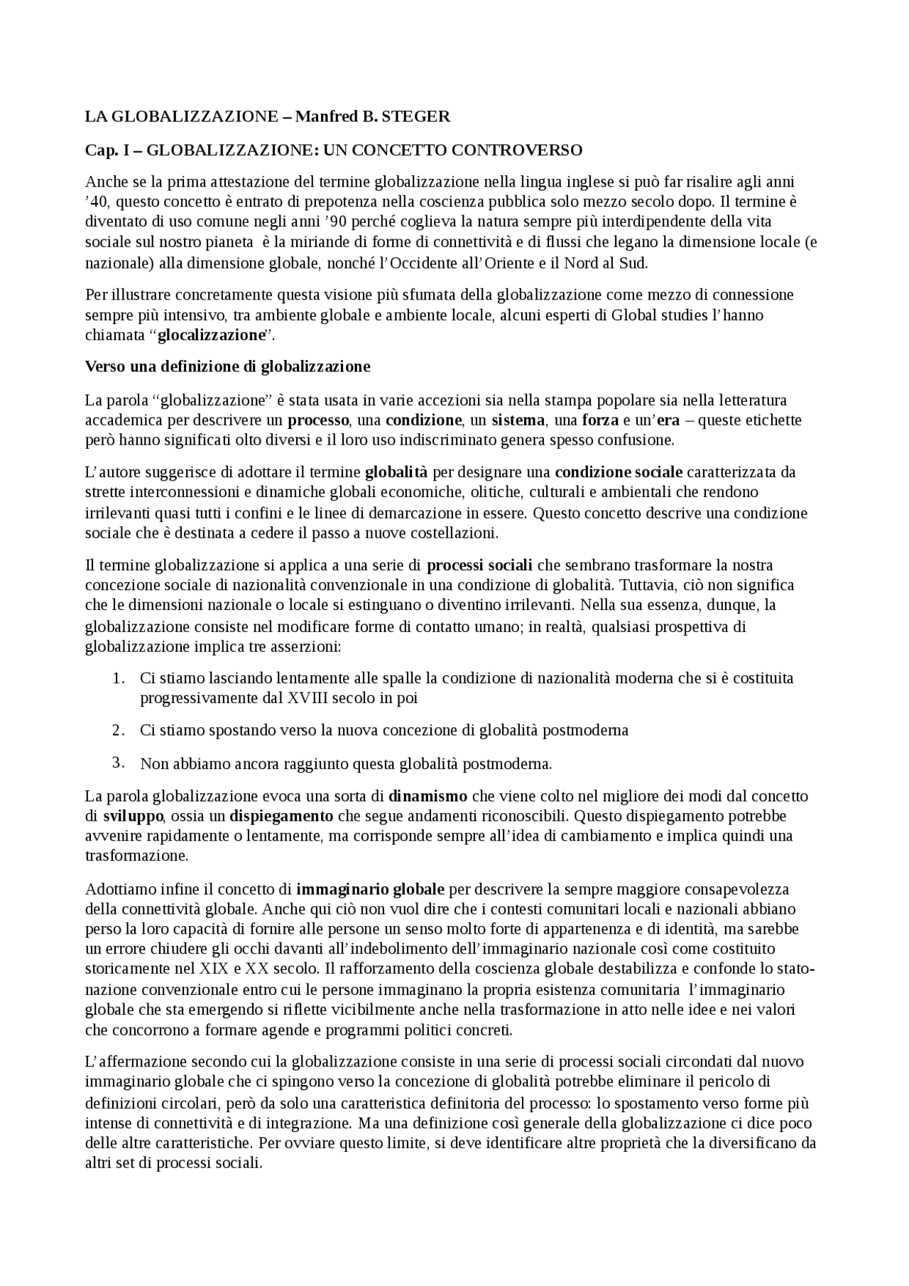 La Globalizzazione Manfred B Steger Docsity