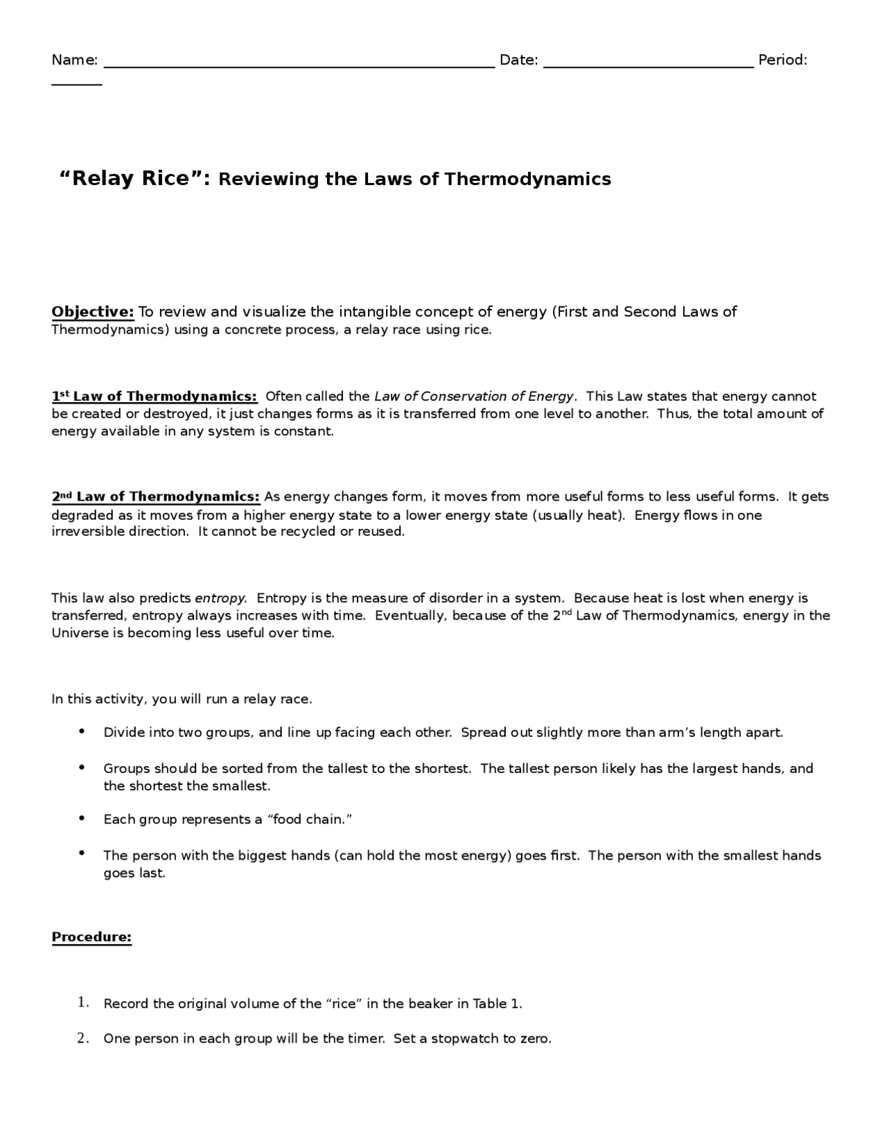 Relay race experimental lab environmental science - Docsity